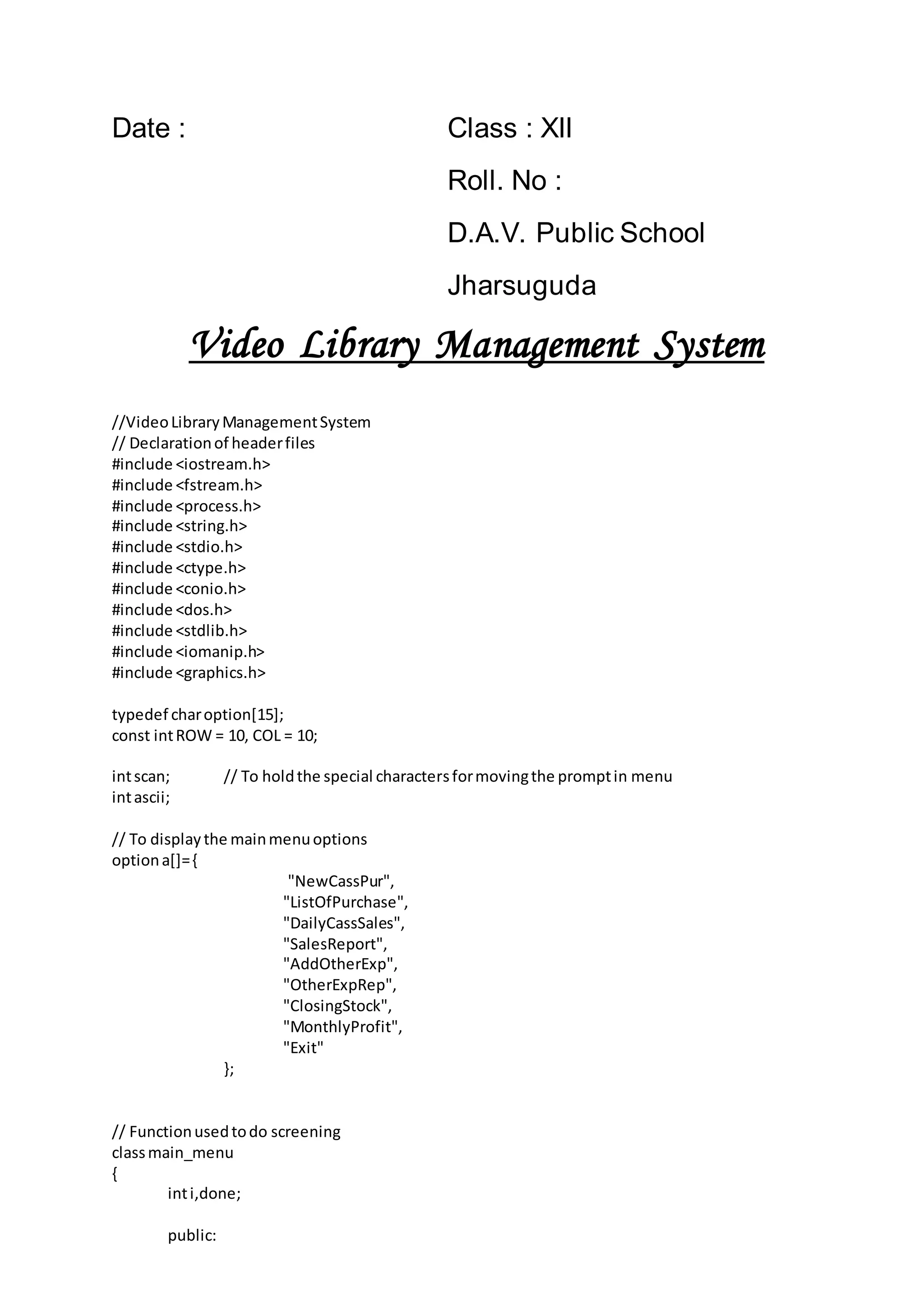 Project on Video Library management | DOCX