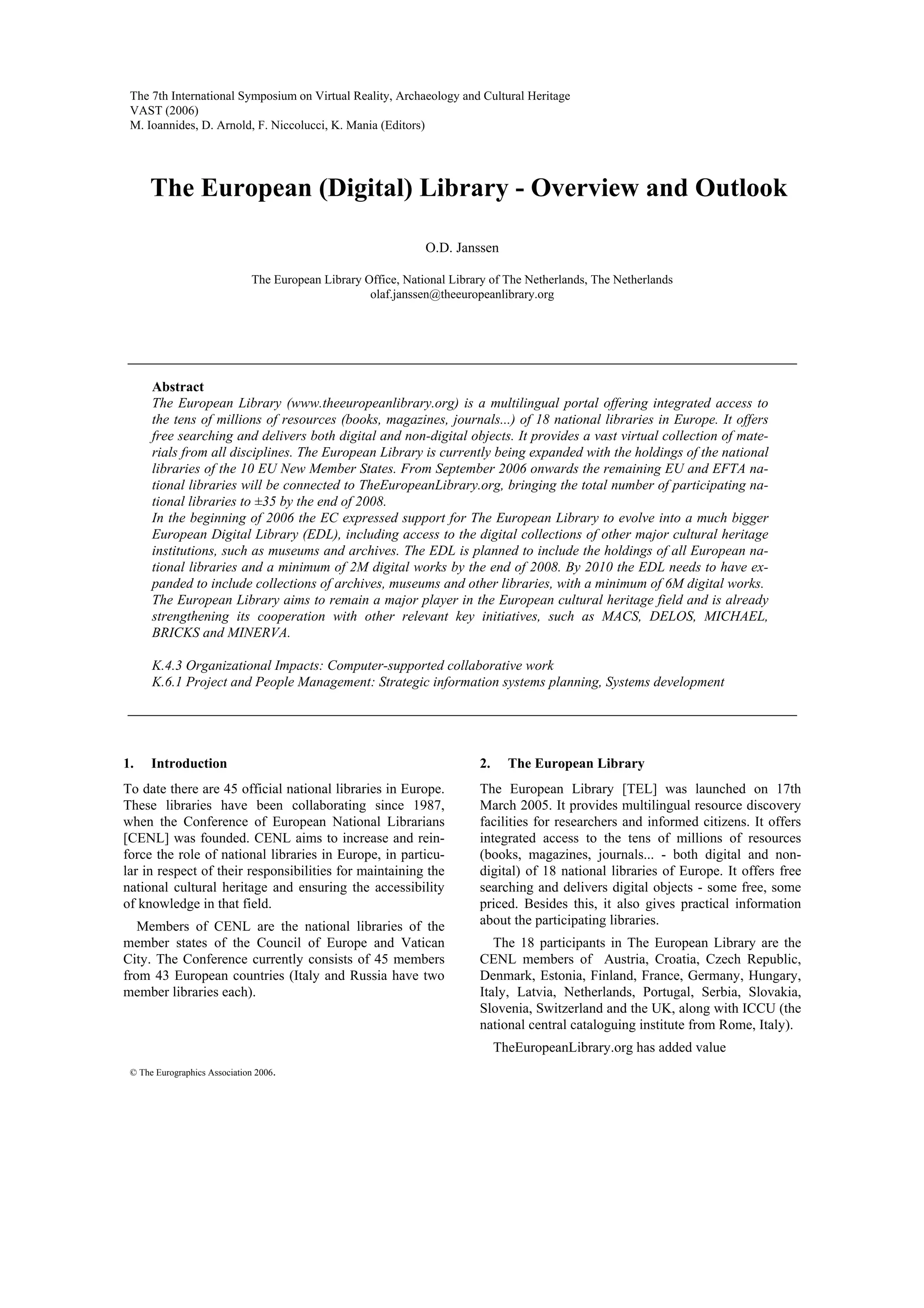 The European (Digital) Library - Overview and Outlook | PDF