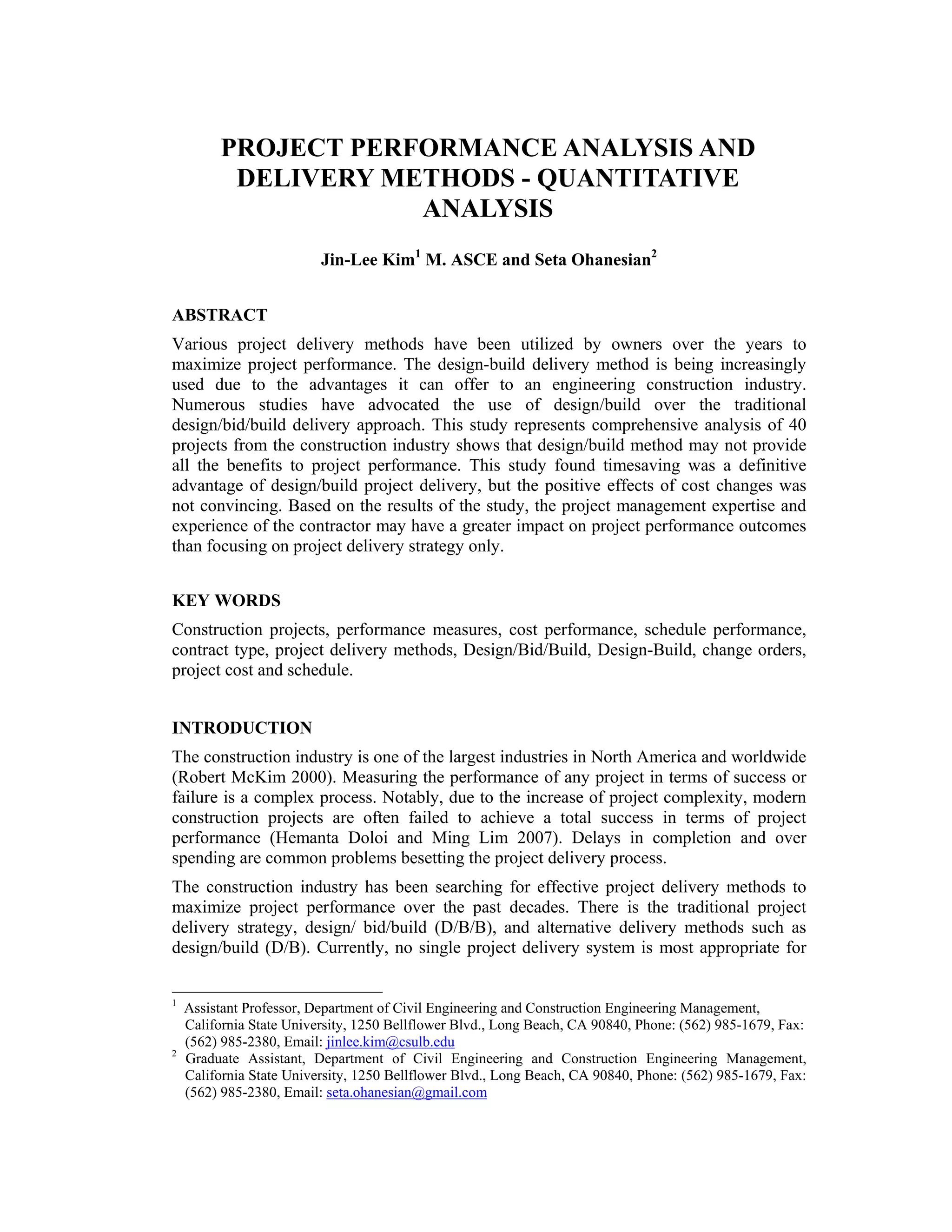 Project Performance Analysis And Delivery Methods - Quantitative ...