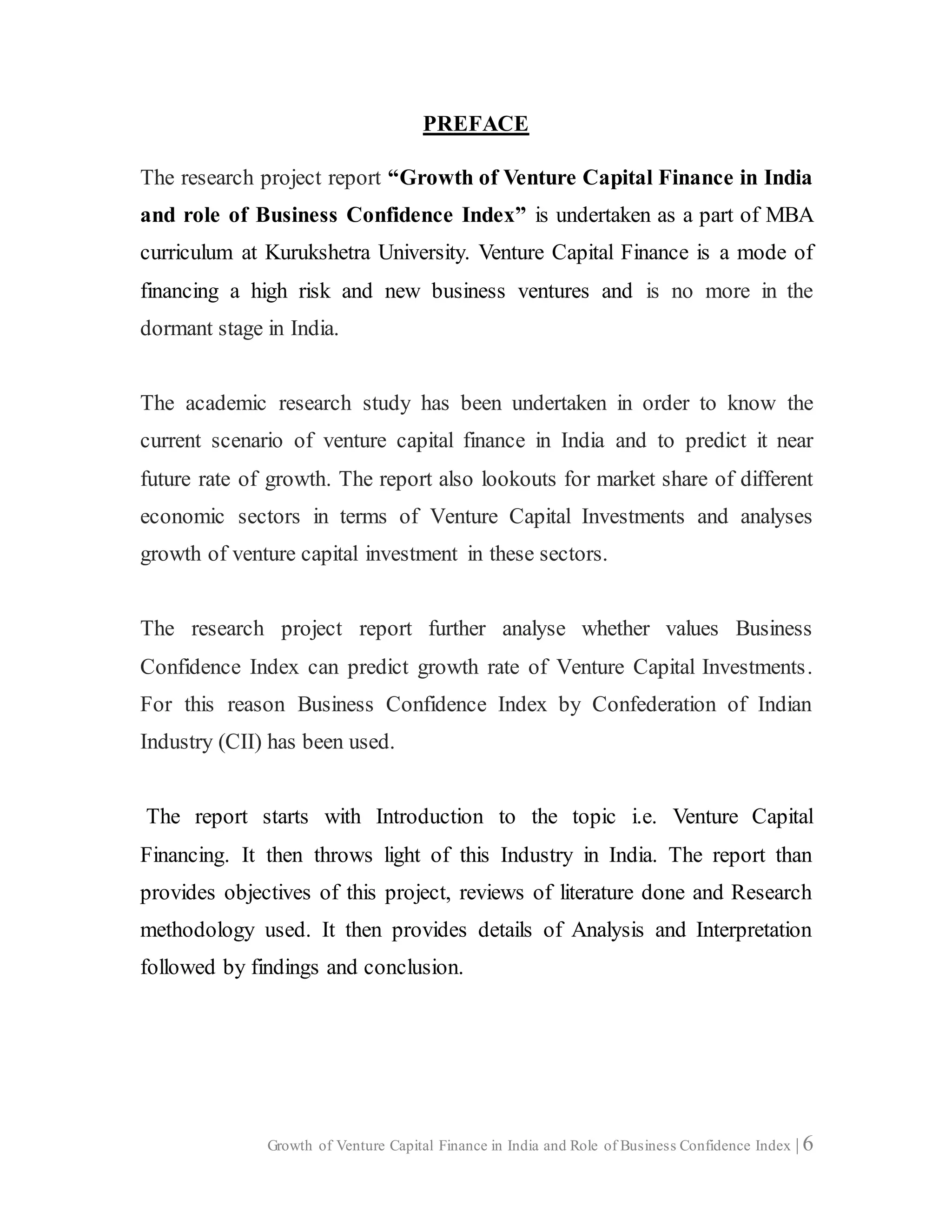 Research Project Report on Growth of Venture Capital Finance in India and Role of Business ...