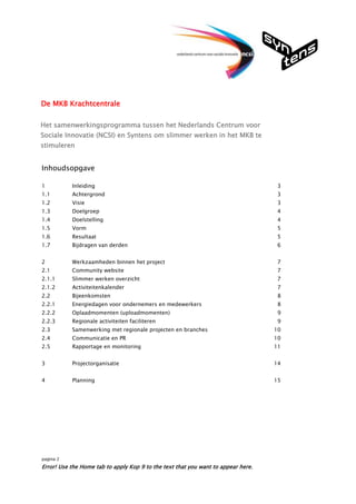 Projectplan Mkb Krachtcentrale | DOCX | Business | Business and Finance
