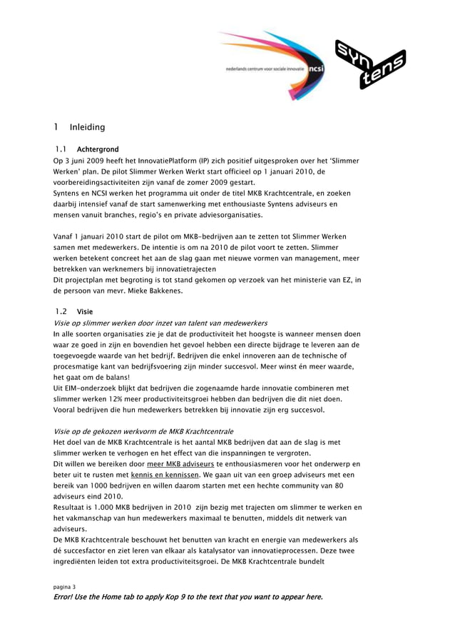 Projectplan Mkb Krachtcentrale | DOCX | Business | Business and Finance