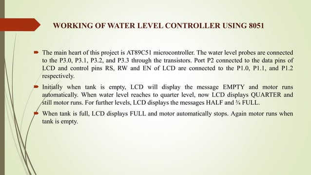 water level controller using 8051 microcontroller | PPTX | Computing | Technology & Computing