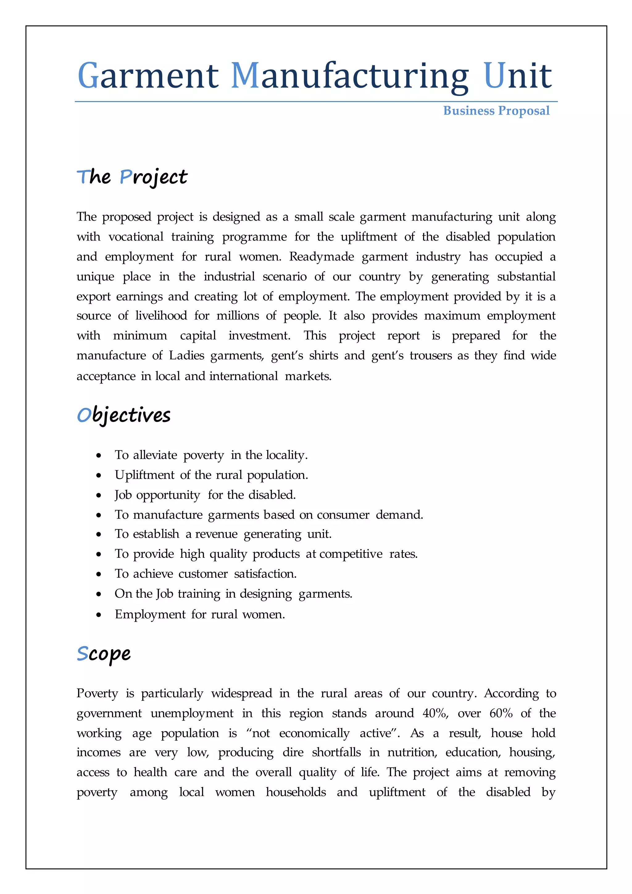 Project proposal for stitching unit | DOCX