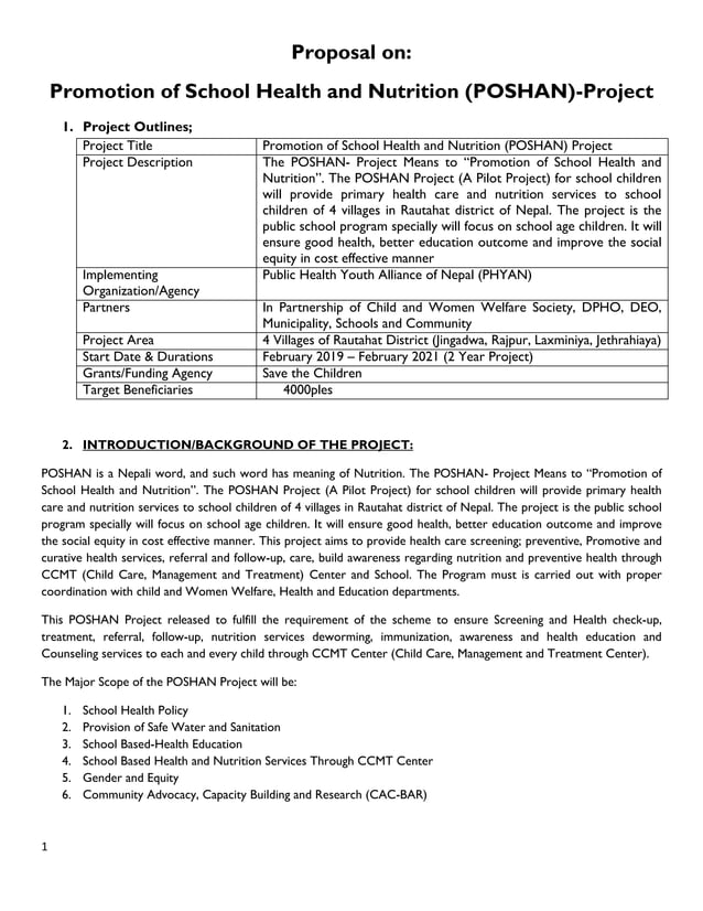 Project Proposal on Promotion of School Health and Nutrition (POSHAN ...