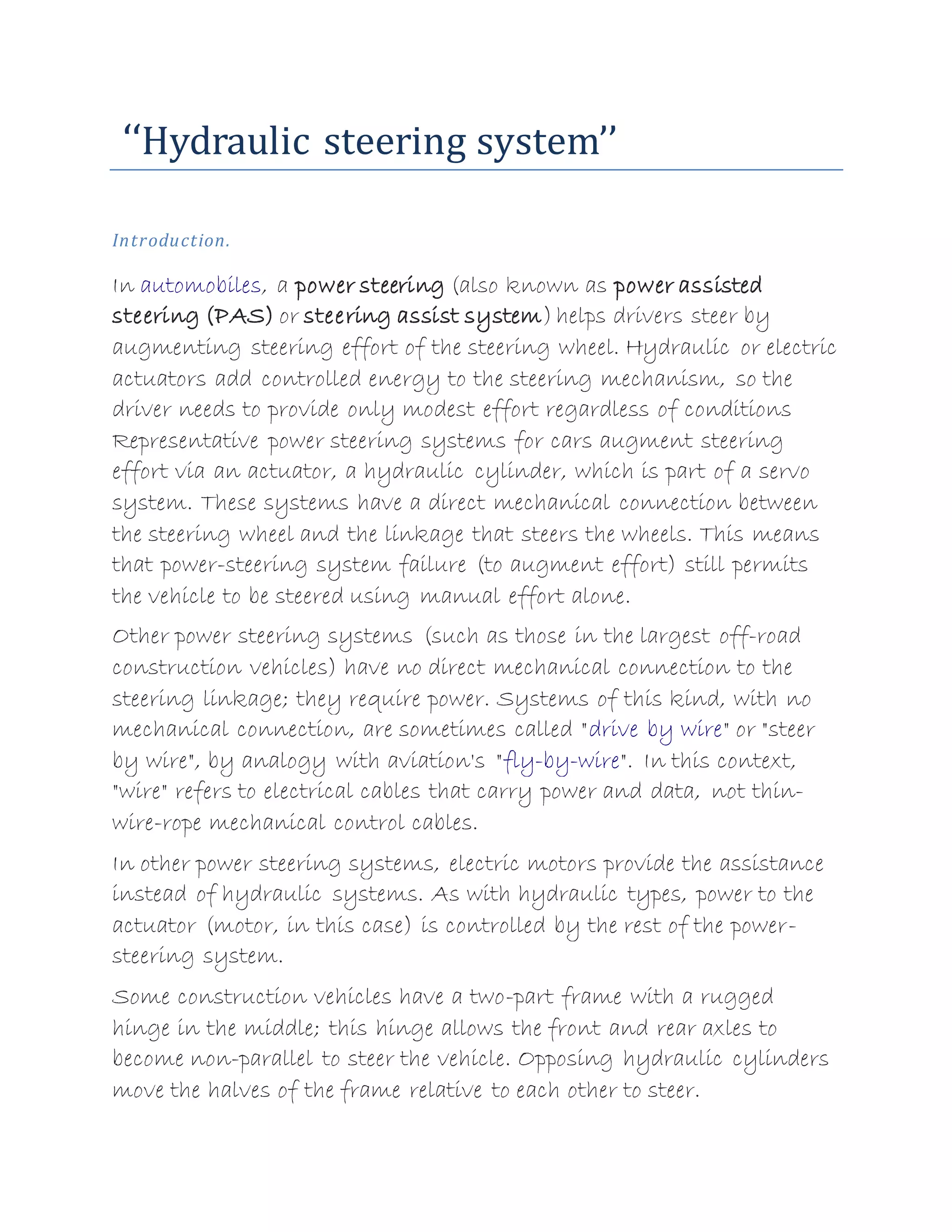 Project report on Hydraulic steering system. | DOCX