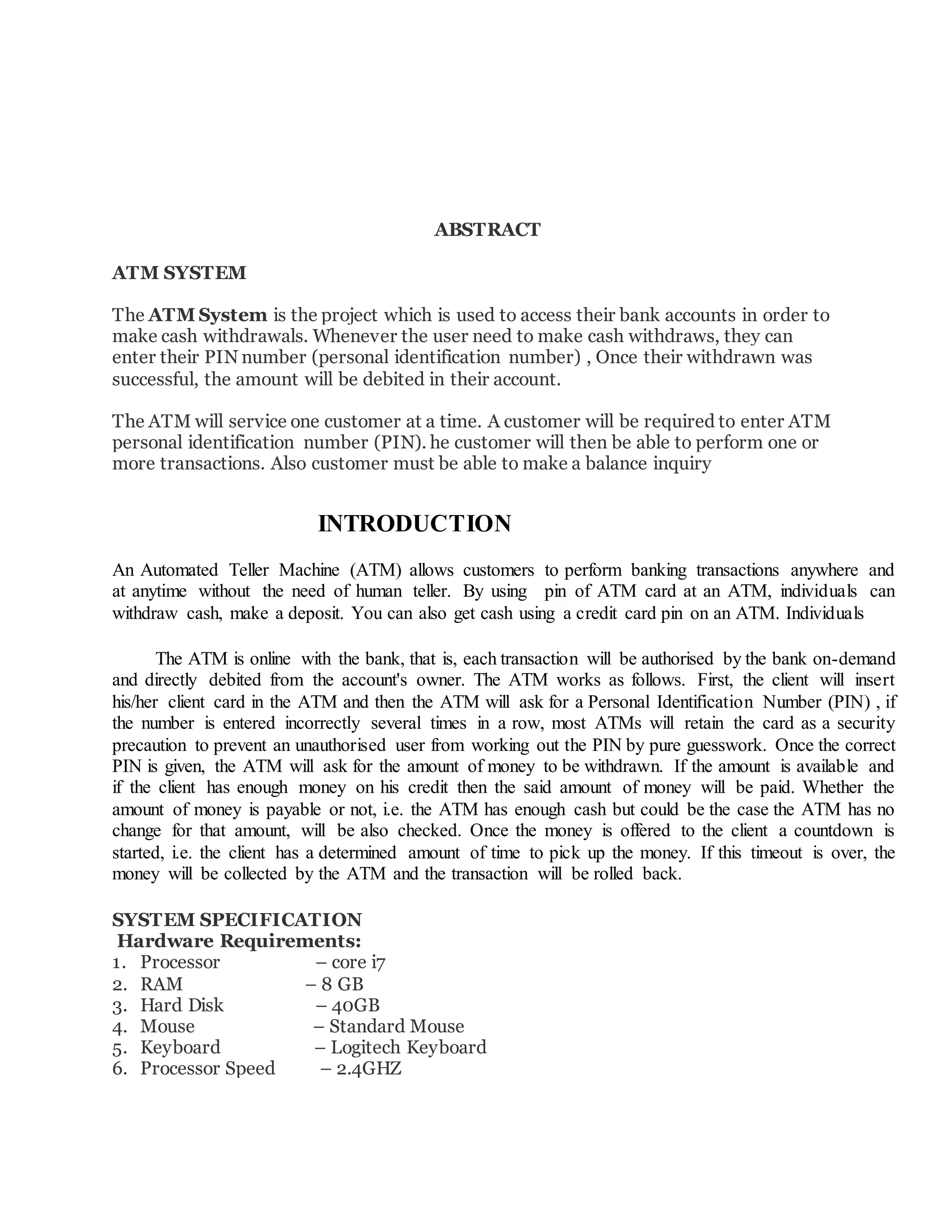 Project report on (atm MAnagment system) | DOCX