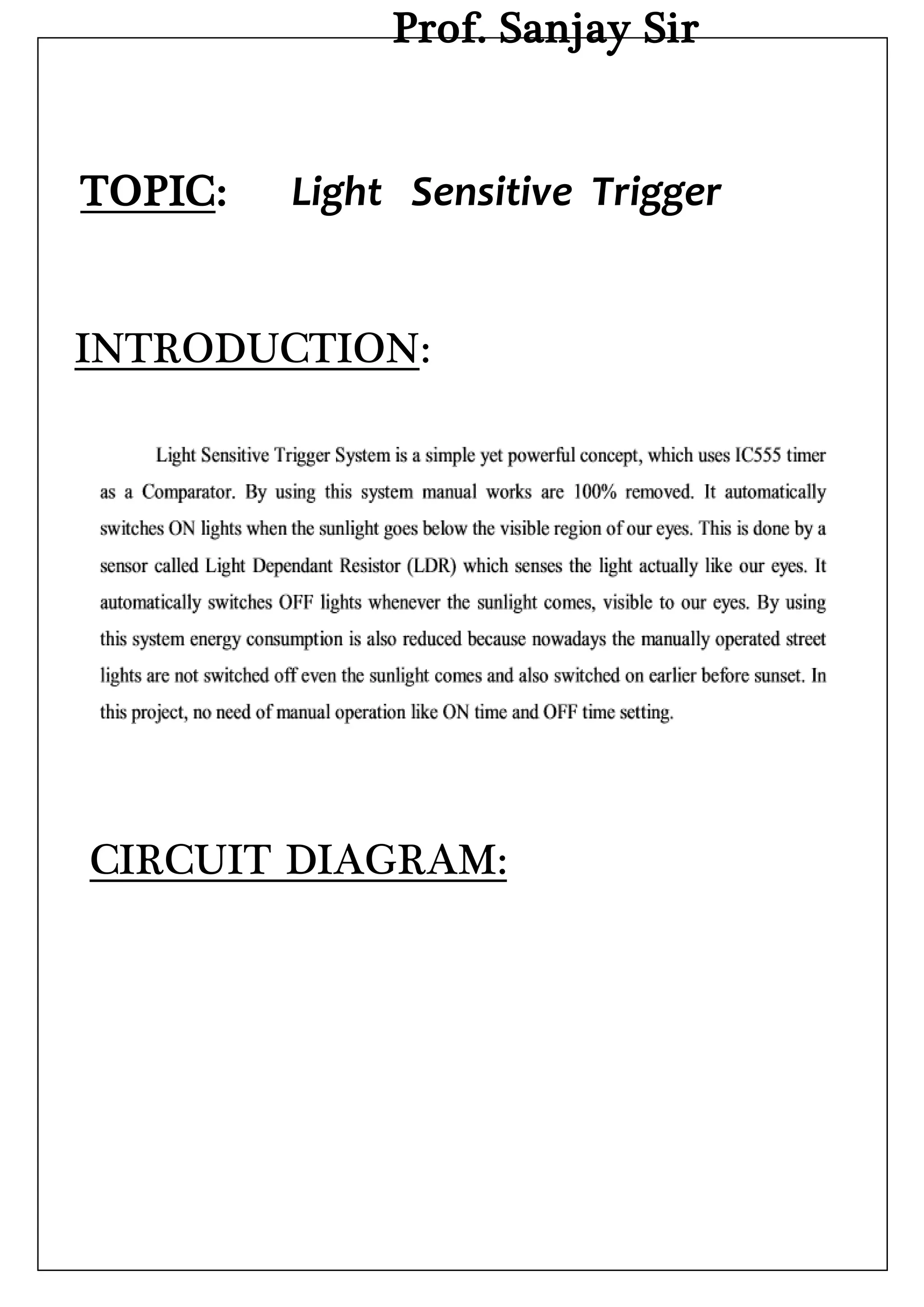 Project report on Ligth sensitive trigger | DOCX