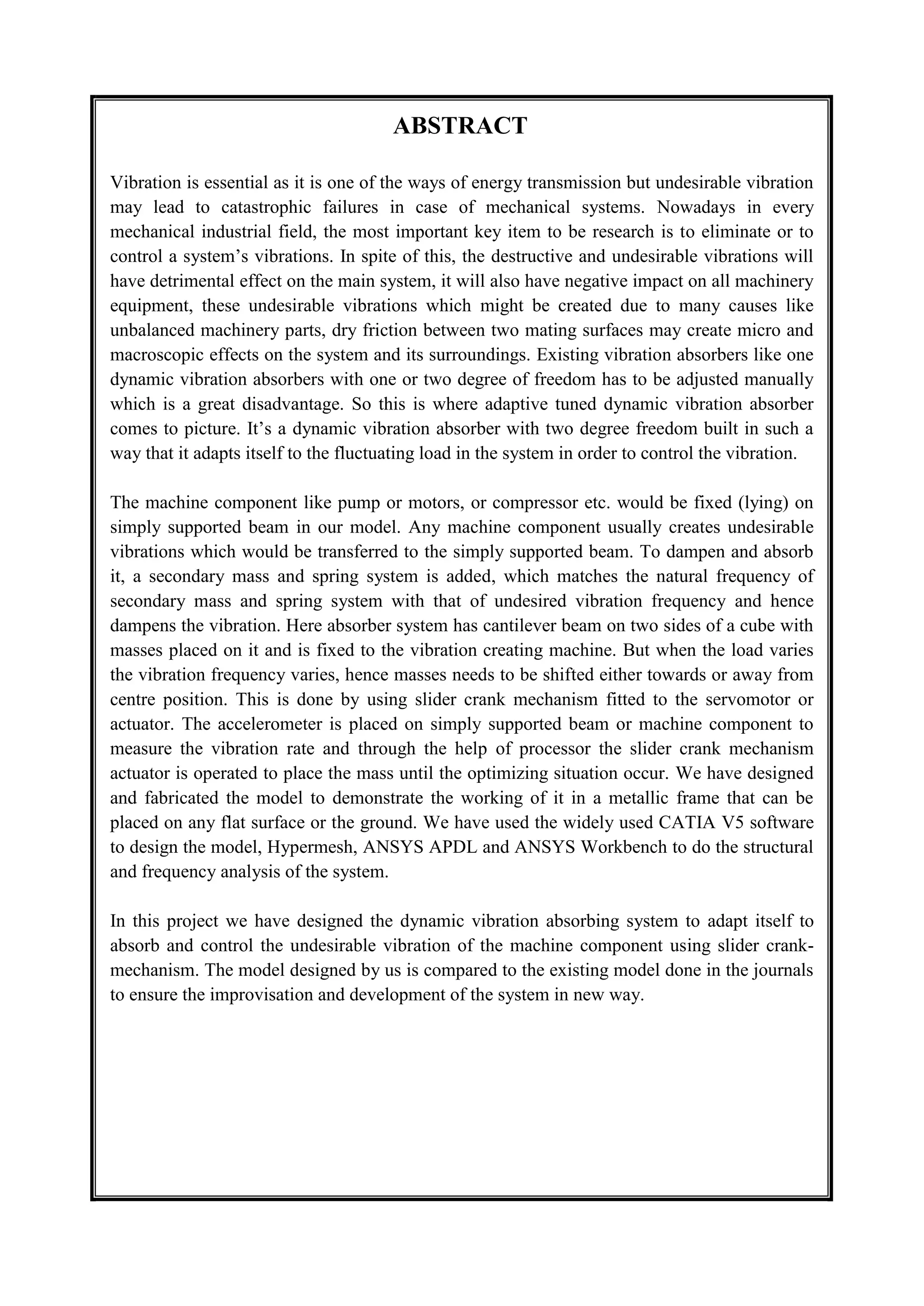 Project report on Adaptive Tuned Dynamic Vibration Absorber | PDF