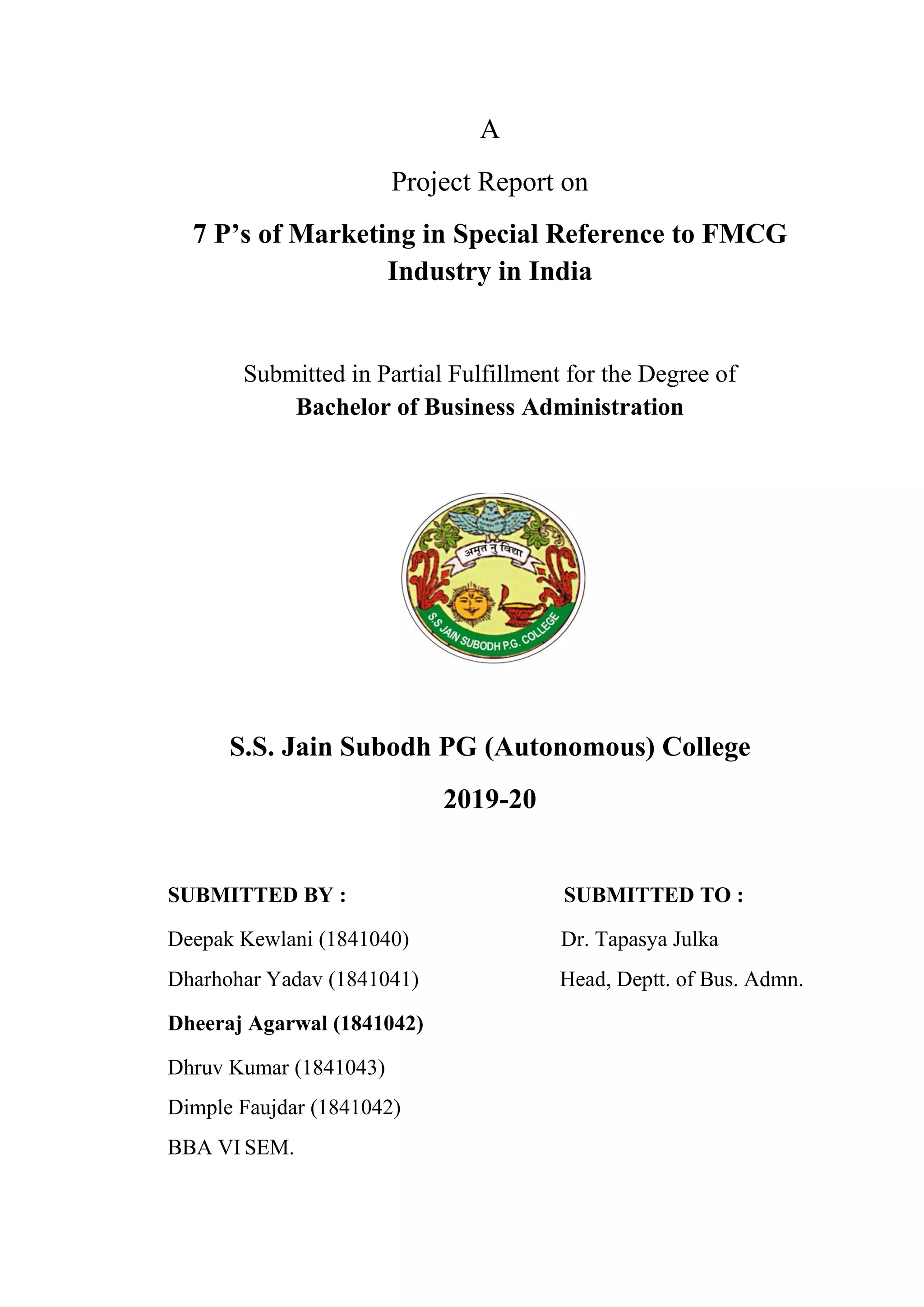 Project Report on 7 p's of Marketing with Special Reference to FMCG ...