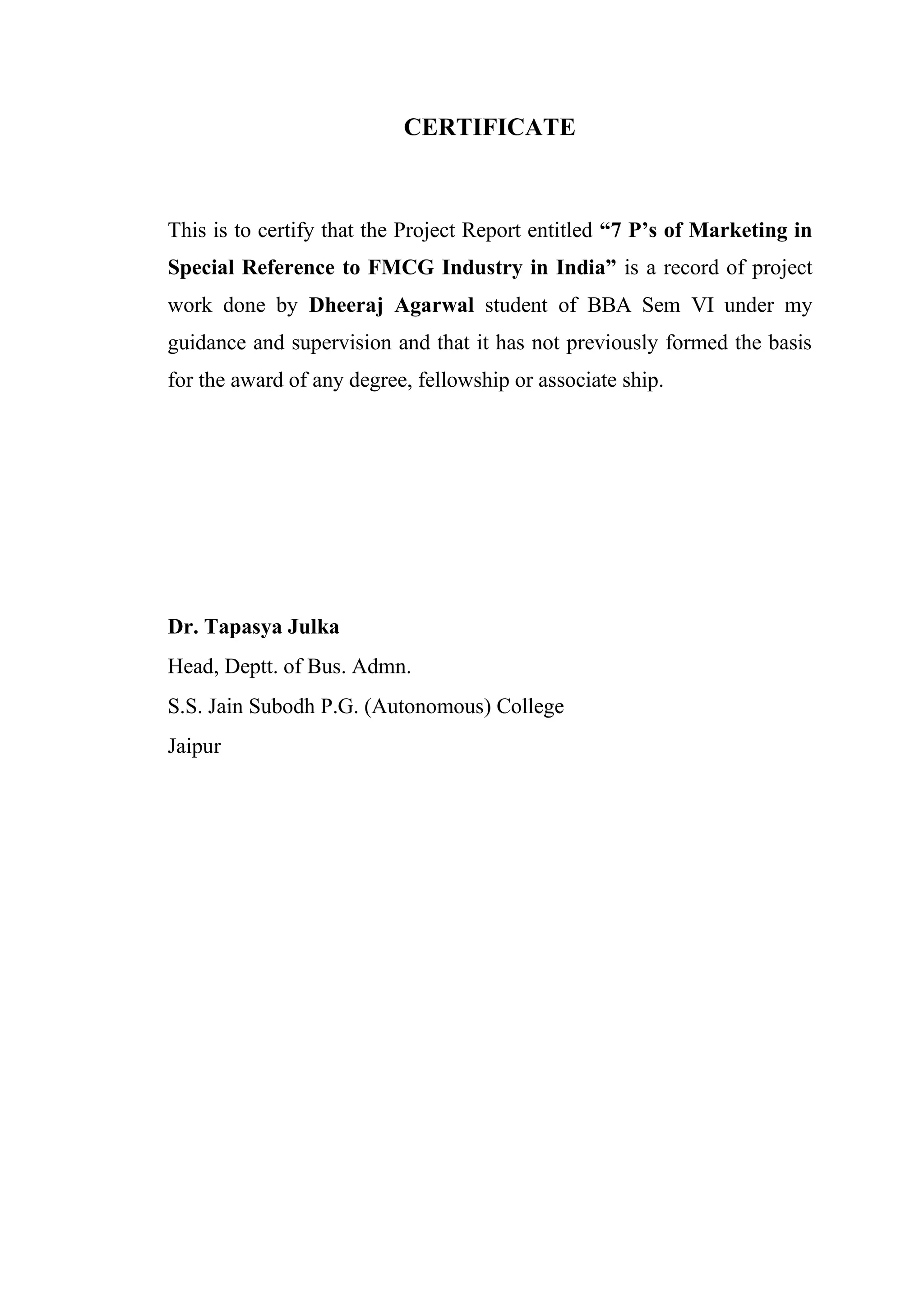 Project Report on 7 p's of Marketing with Special Reference to FMCG ...