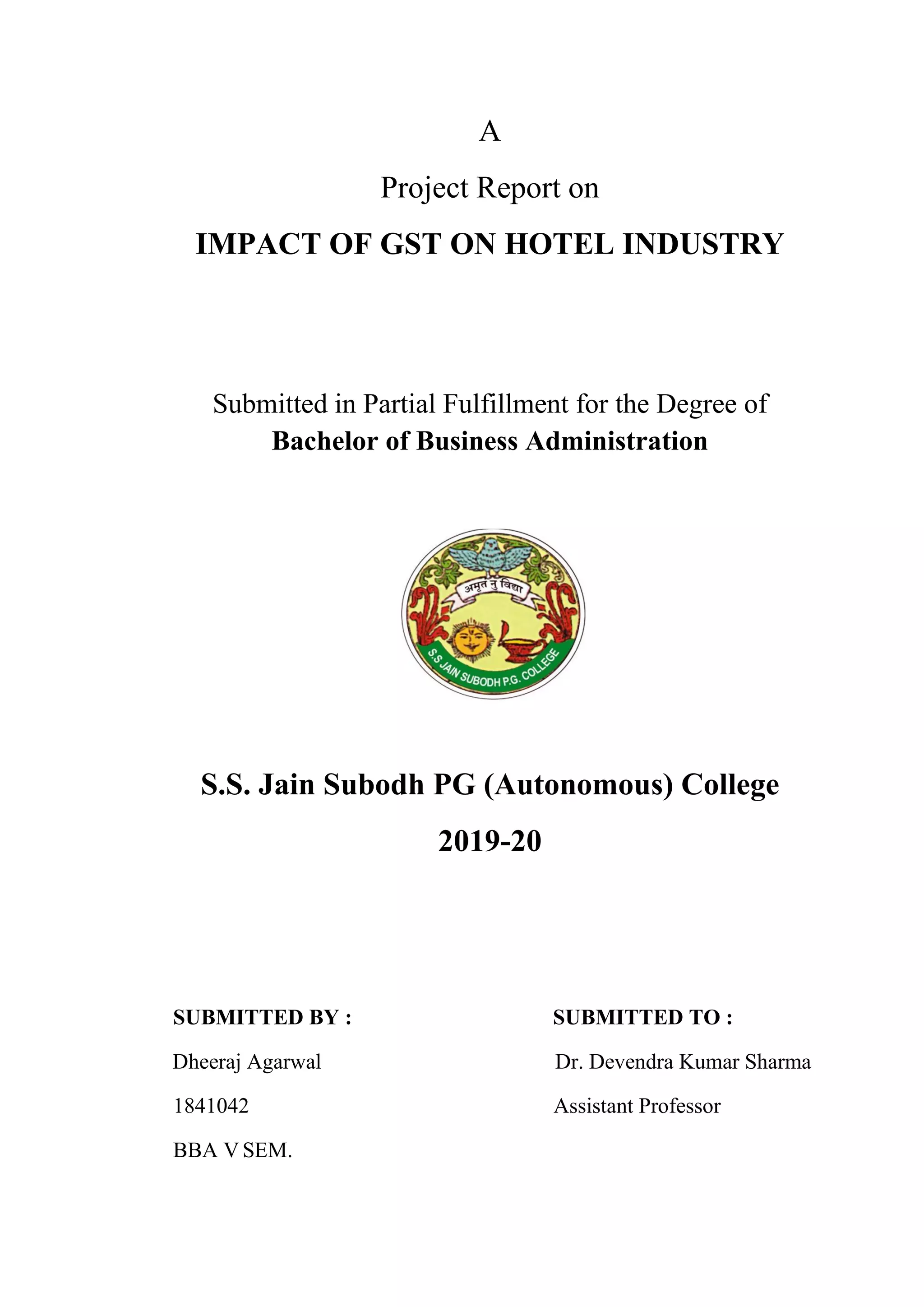 Project report impact of GST on Hotel Industry | PDF