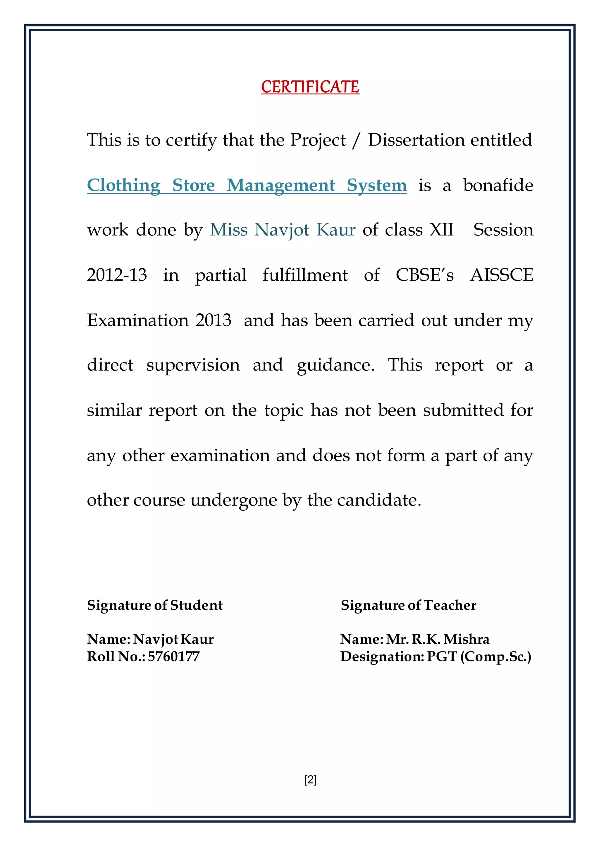 Clothing Store and Management System | DOC