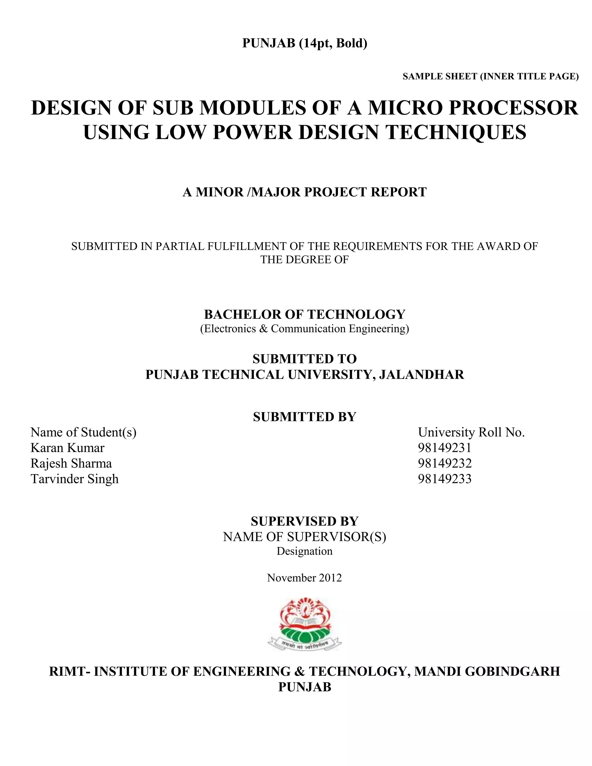 Cover Page Design For Project Reports