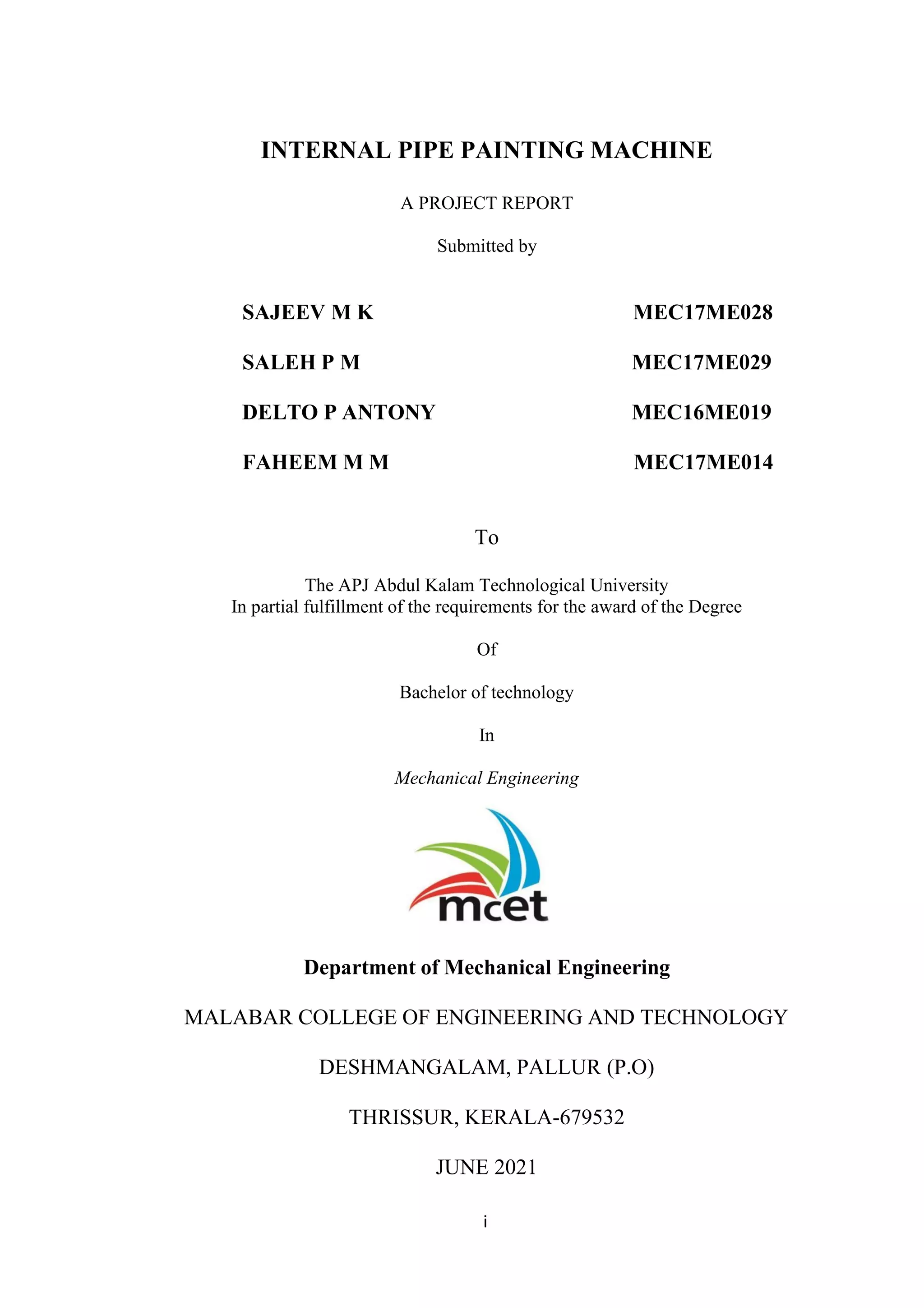 Project report - mechanical - internal pipe painting machine | PDF ...