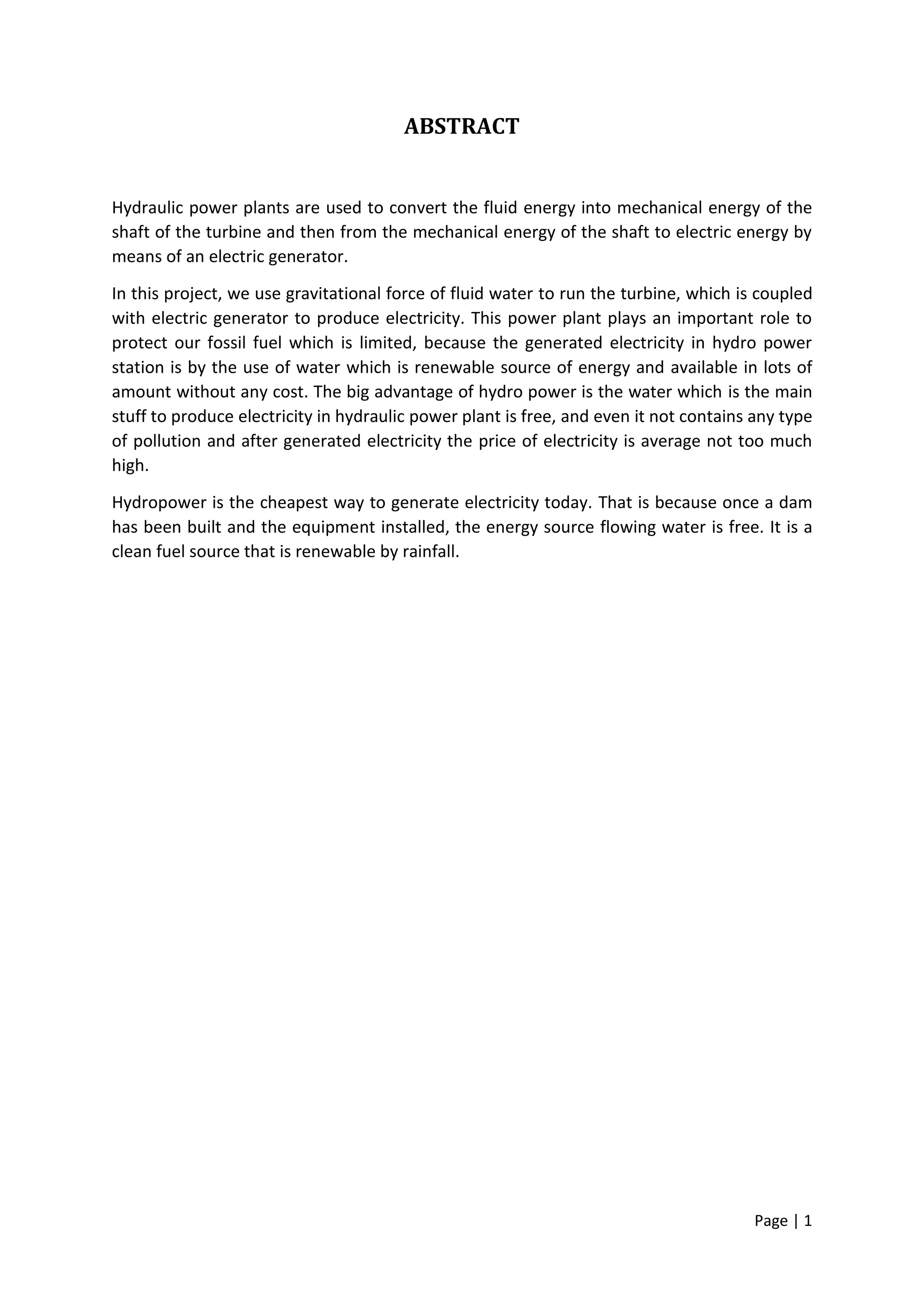 Project Report Hydraulic Power Plant | PDF