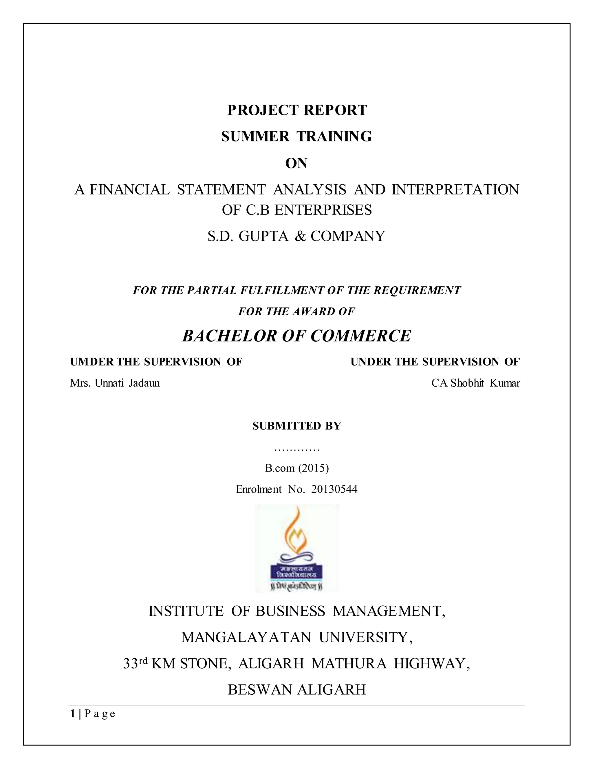Project report on Financial Statement Analysis and interpretation of A ...