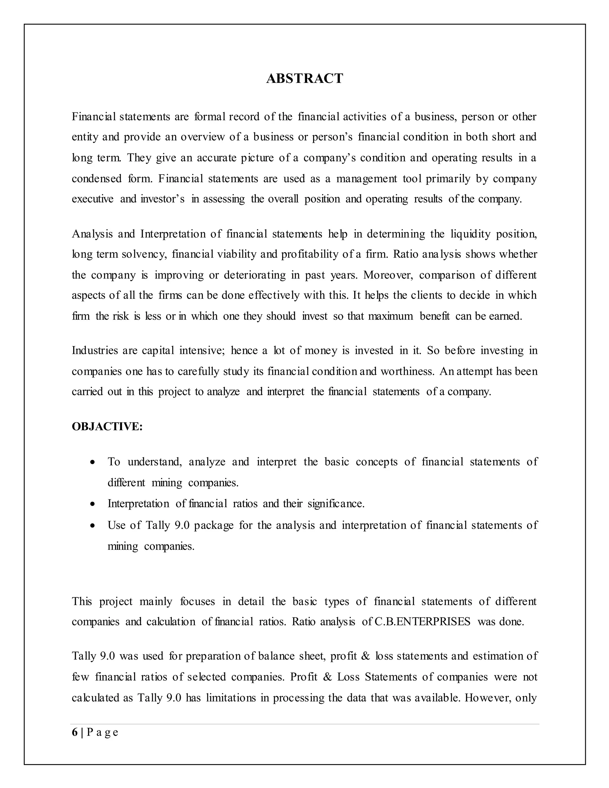 Project report on Financial Statement Analysis and interpretation of A ...