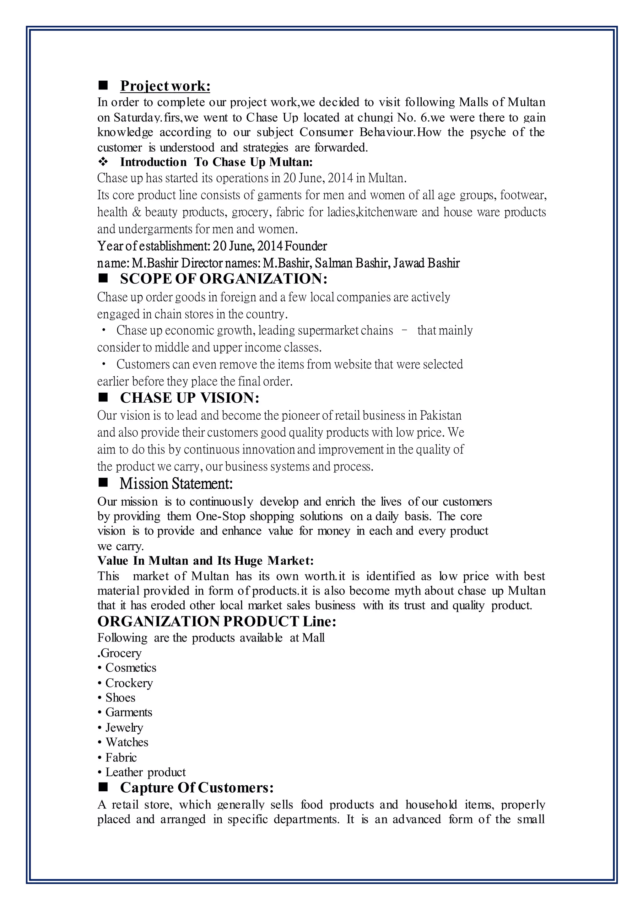 Project report on chase up,kk m art and metro mall multan | DOCX