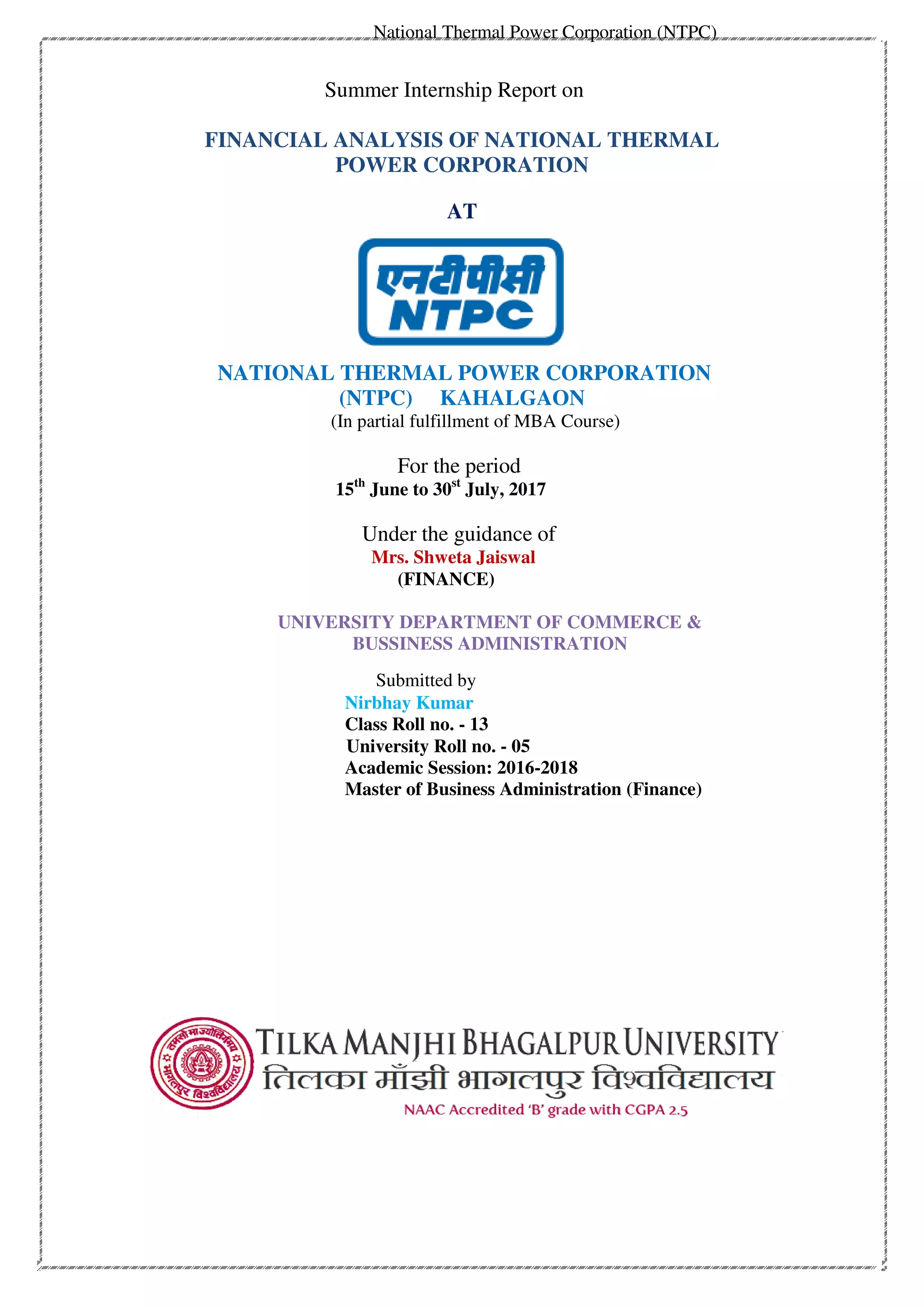 Project Report on Financial Analysis by Nirbhay Kumar, MBA - 3rd Sem ...