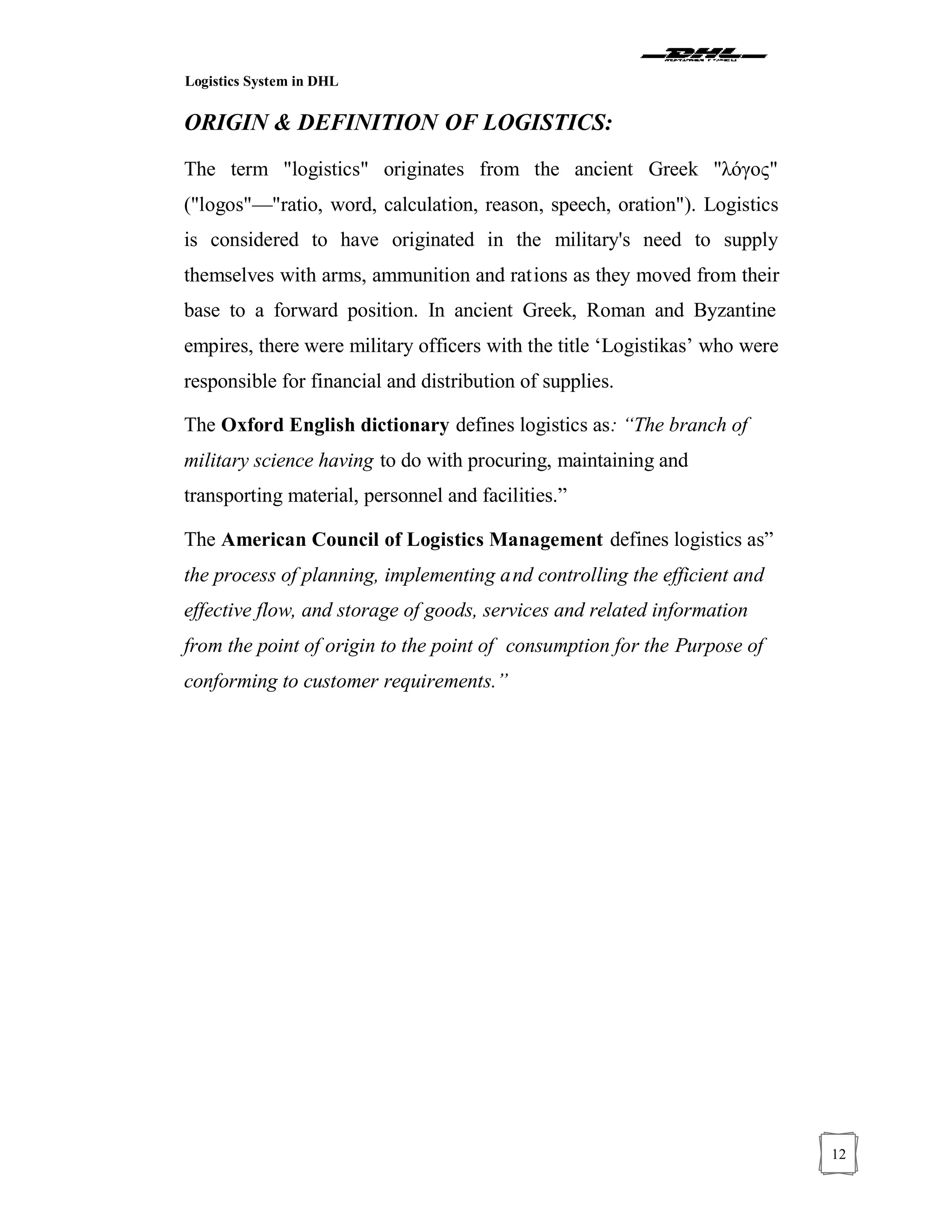 Project report on logistic system in dhl 163176466 | PDF