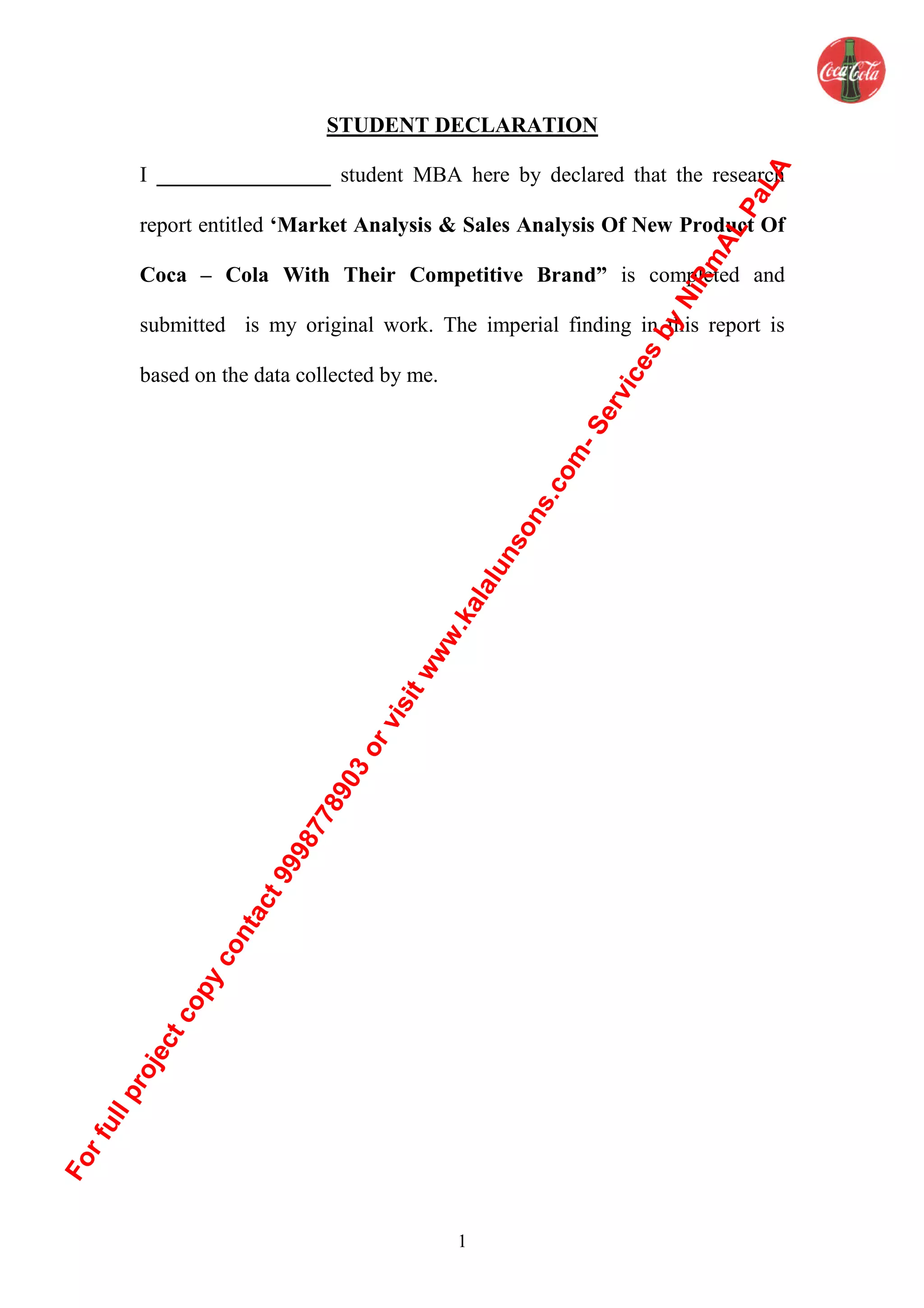 Project report on marketing analysis of coca cola by nirmal pala | PDF