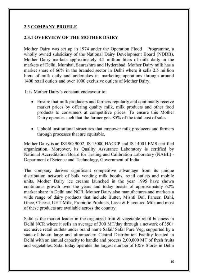 Internship Project report on Mother Dairy | PDF | Agriculture | Industries