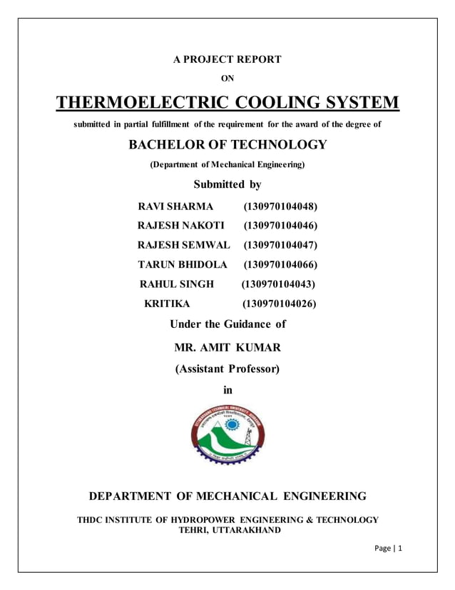 Project report on thermo electric cooling system | DOCX | Physics | Science