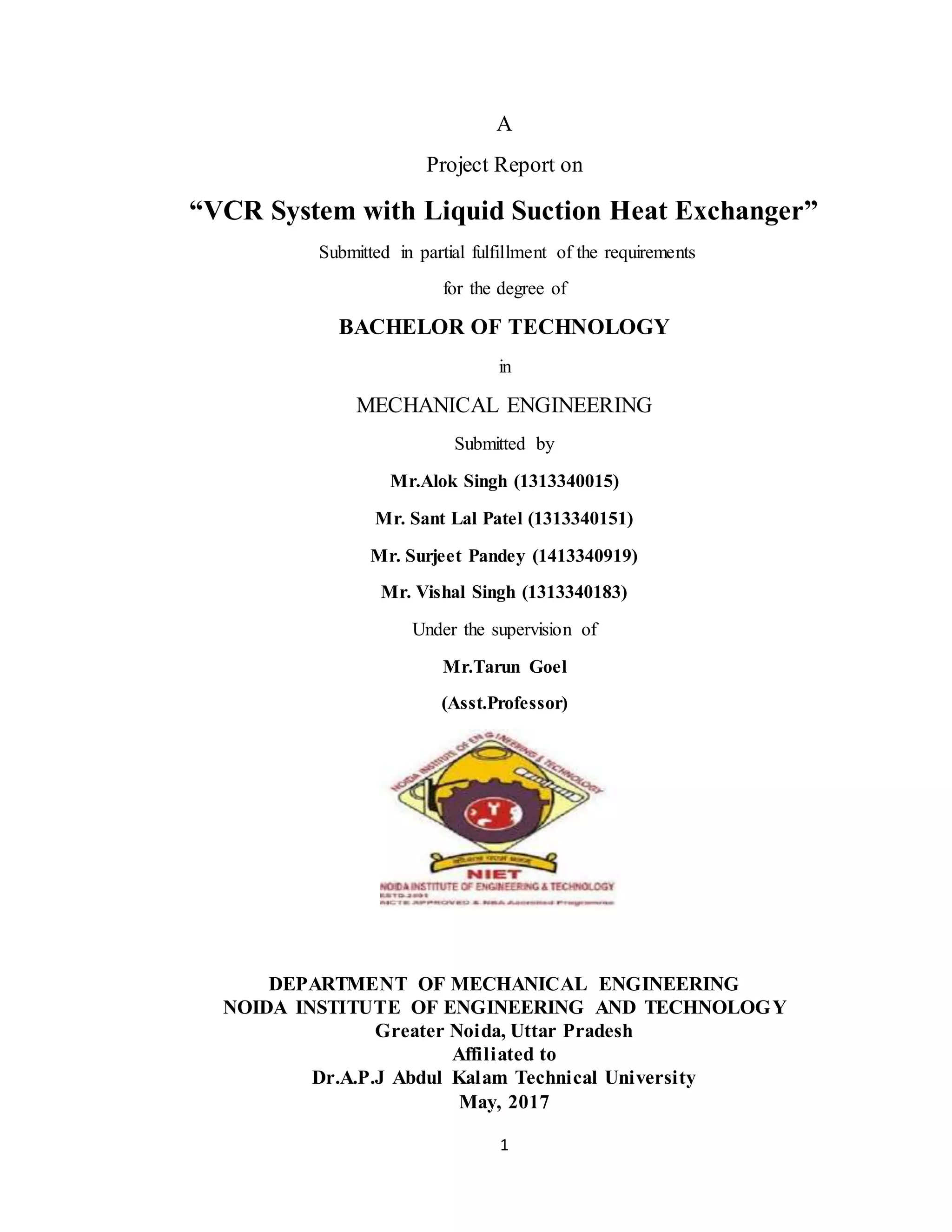 Project report on vcr system with liquid suction heat exchanger | DOCX