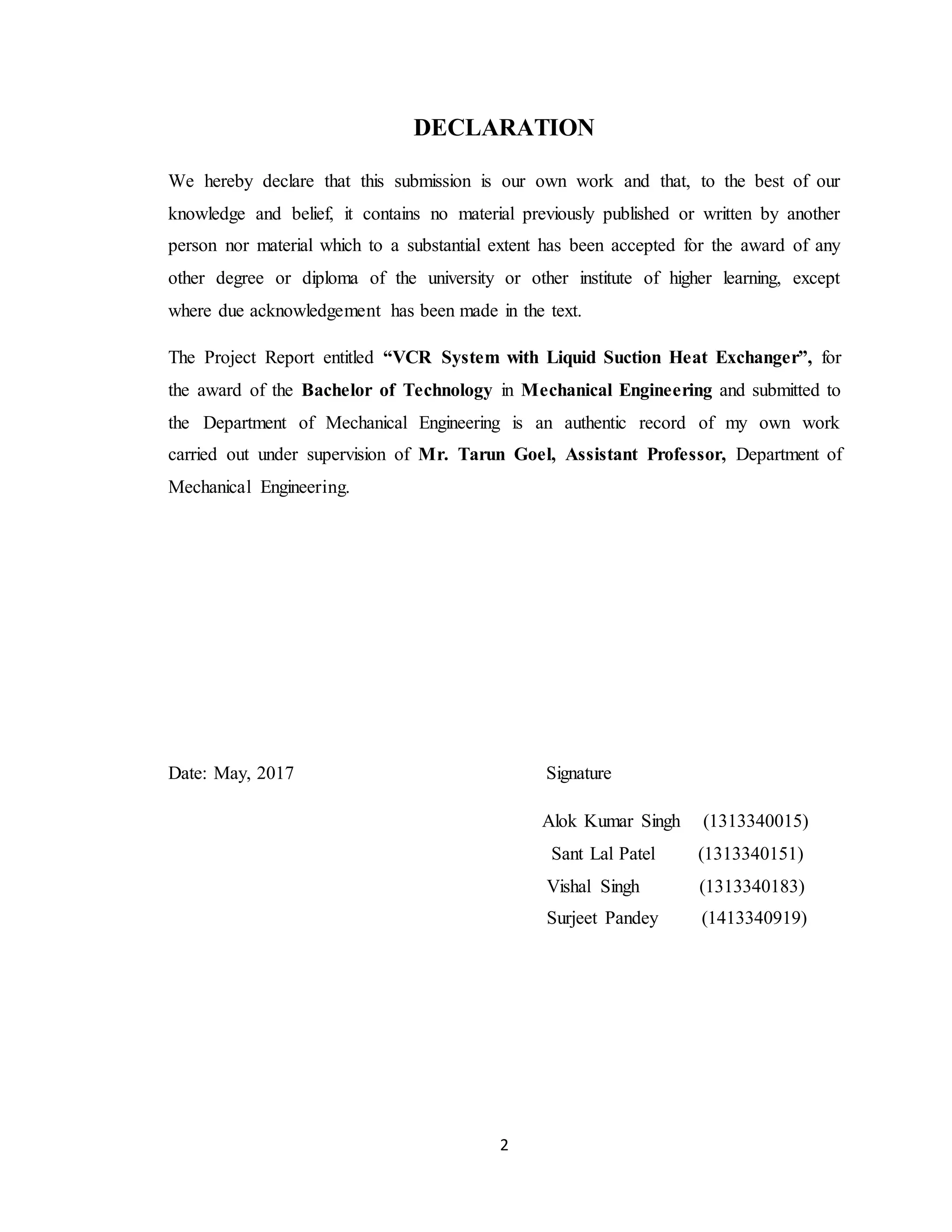 Project report on vcr system with liquid suction heat exchanger | DOCX