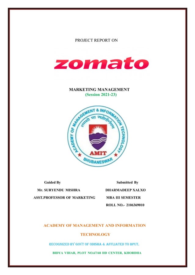 Project Report On ZOMATO of Mr. D.XALXO.pdf | Business | Business and ...