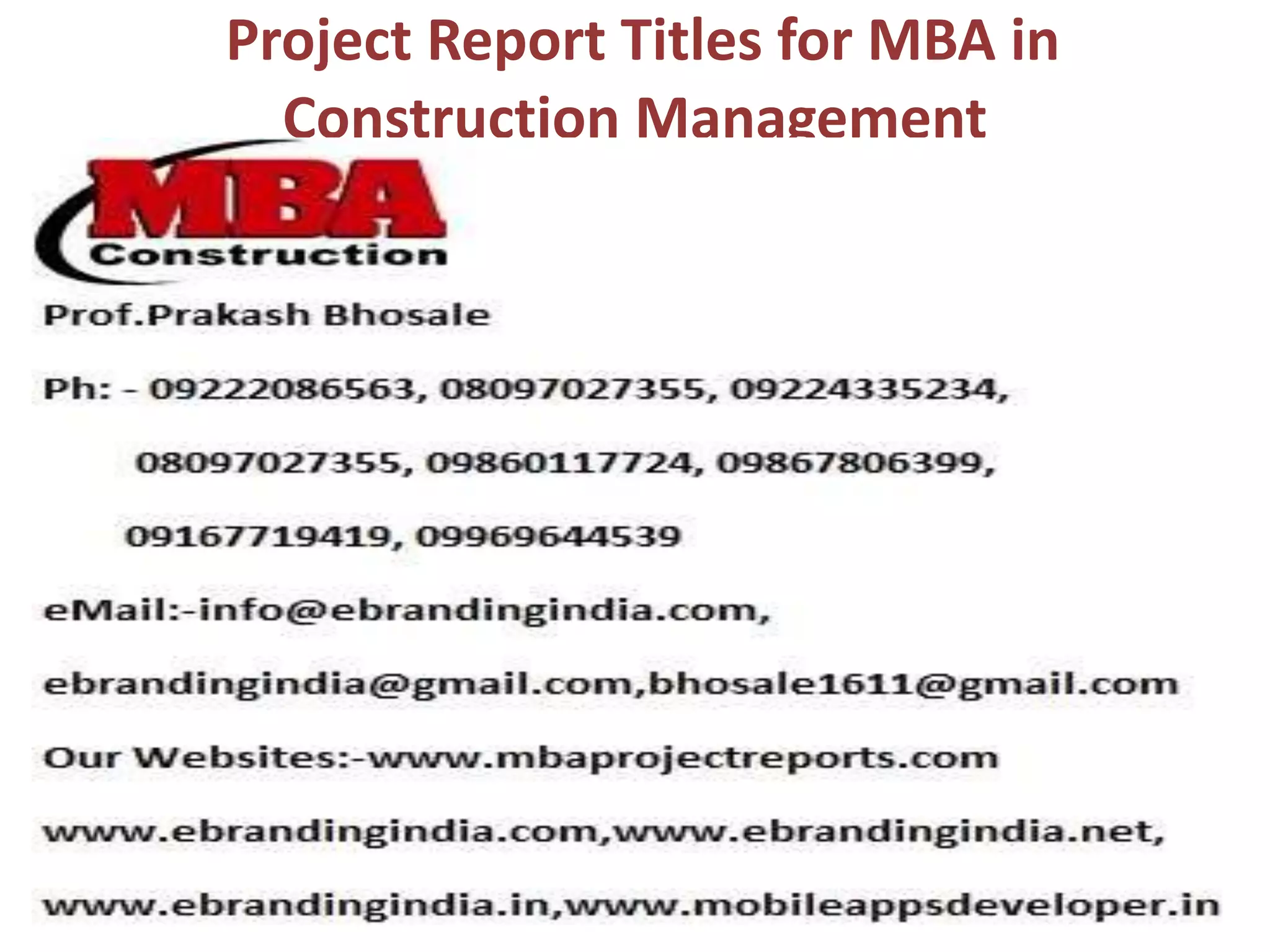 Project report titles for mba in construction management | PPTX