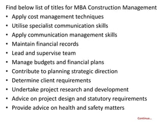 Project report titles for mba in construction management | PPTX