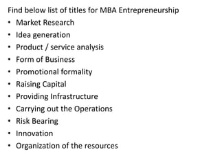 Project report titles for mba in entrepreneurship | PPT