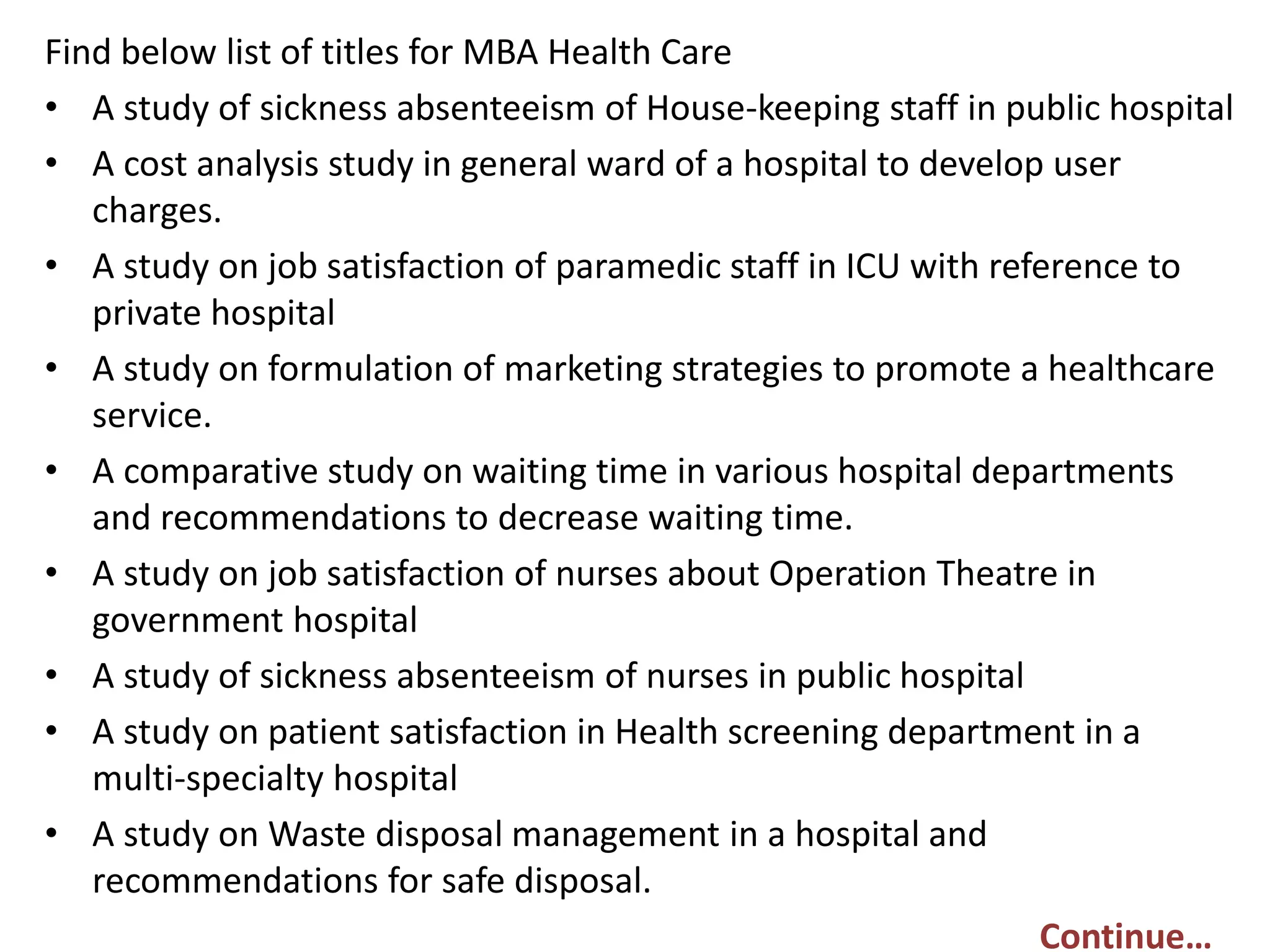 Project report titles for mba in health care | PPT