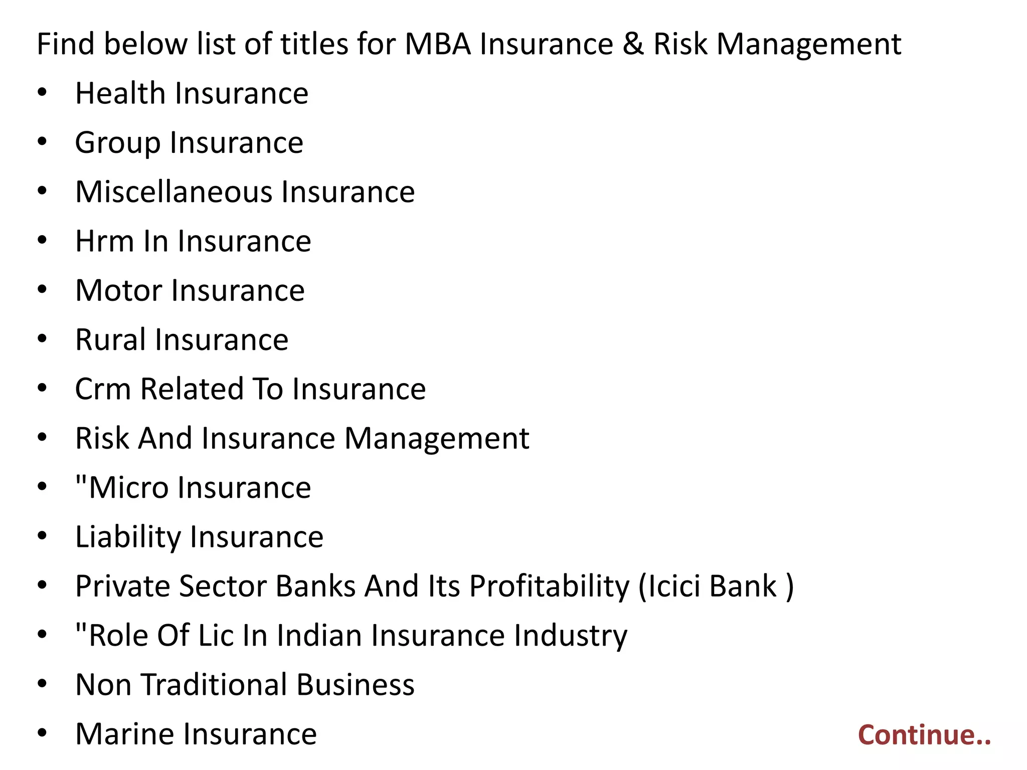 Project report titles for mba in insurance & risk management | PPTX