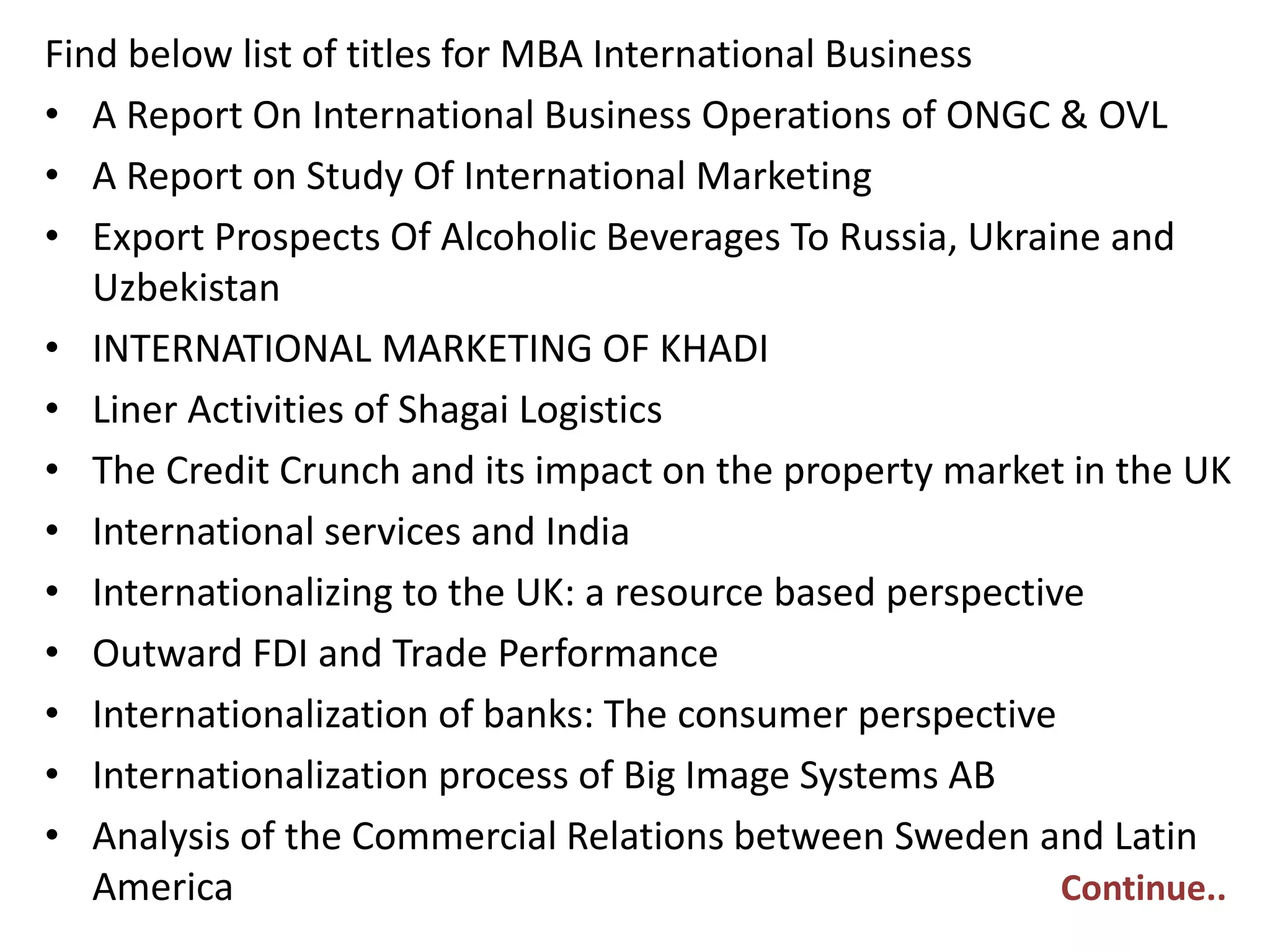 Project report titles for mba in international business | PPTX