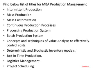 Project report titles for mba in production management | PPTX