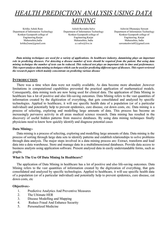 HEALTH PREDICTION ANALYSIS USING DATA MINING | PDF