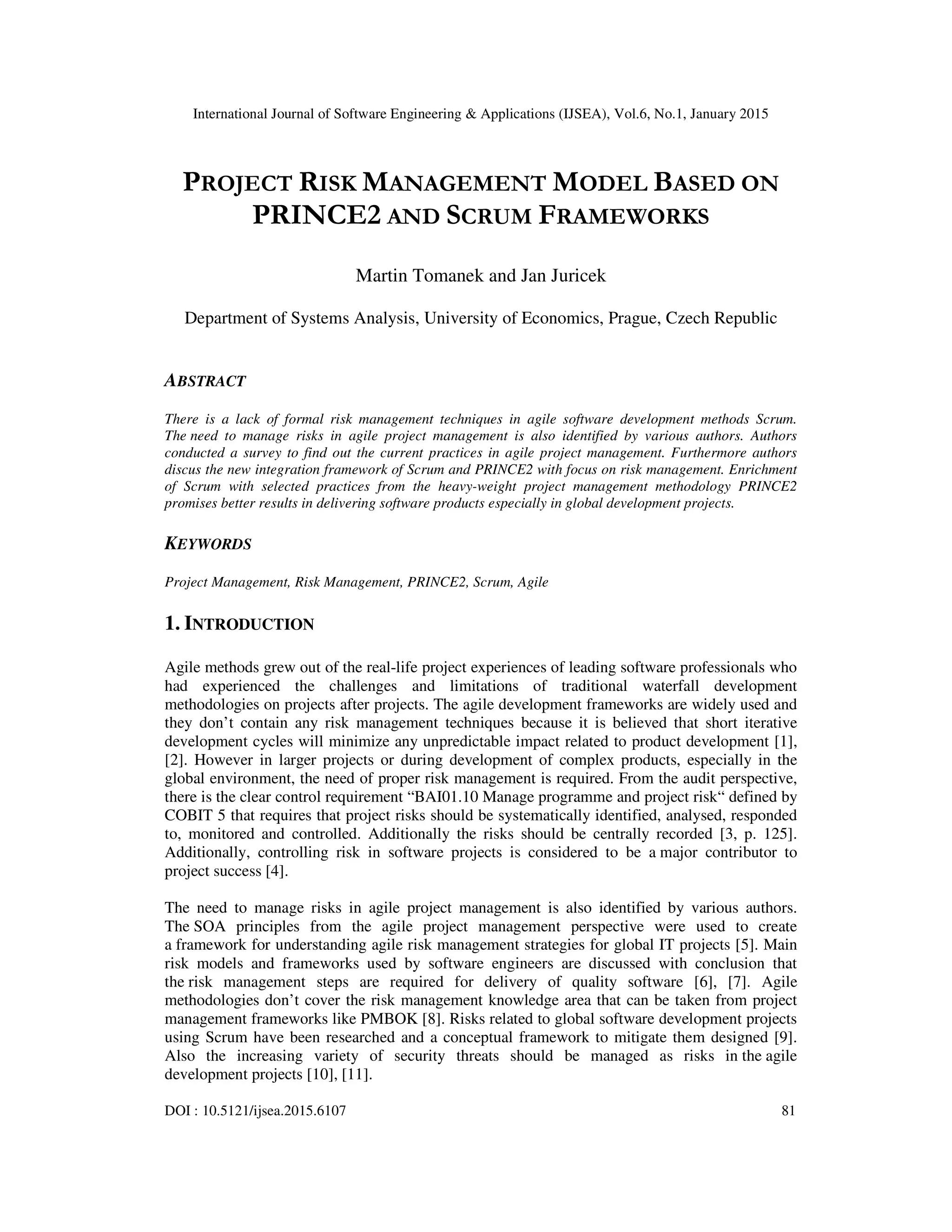 Project risk management model based on prince2 and scrum frameworks | PDF