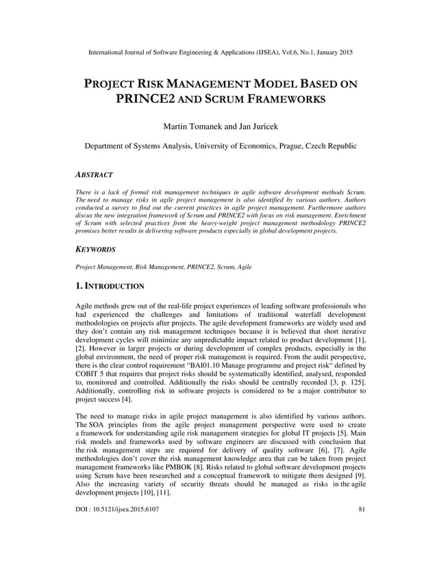 Project risk management model based on prince2 and scrum frameworks ...