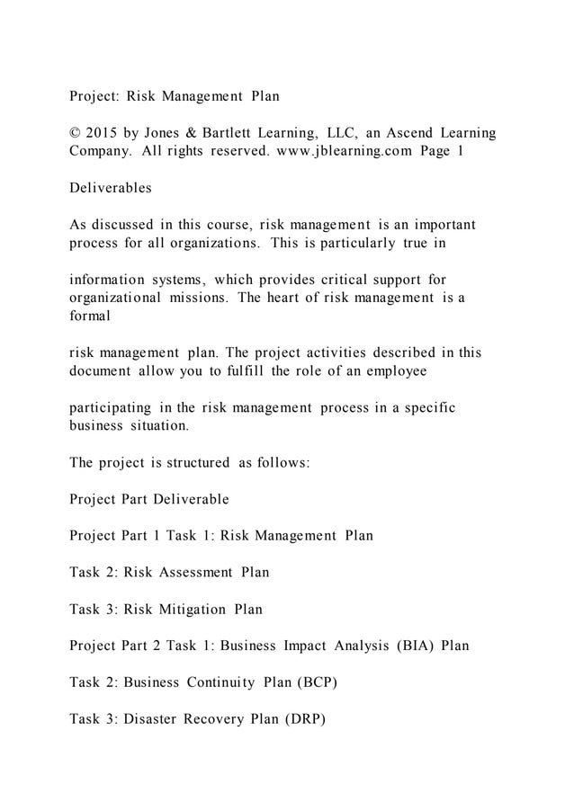 Project Risk Management Plan© 2015 by Jones & Bartlett Learning | PDF