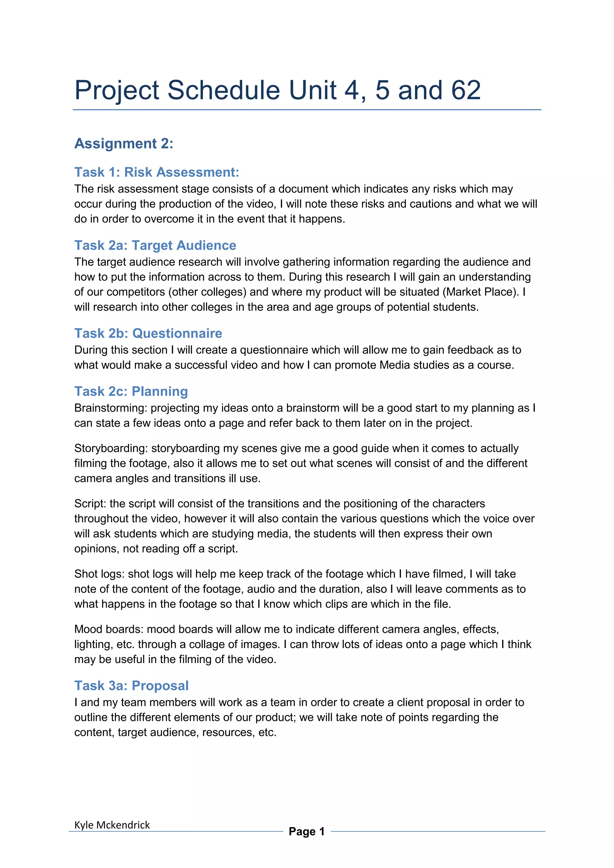 Project schedule unit 4 | DOCX | Video Production | Content Production