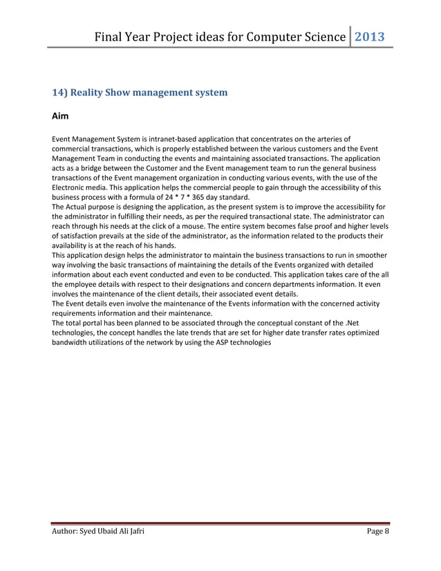 Final Year Projects (Computer Science 2013) - Syed Ubaid Ali Jafri ...