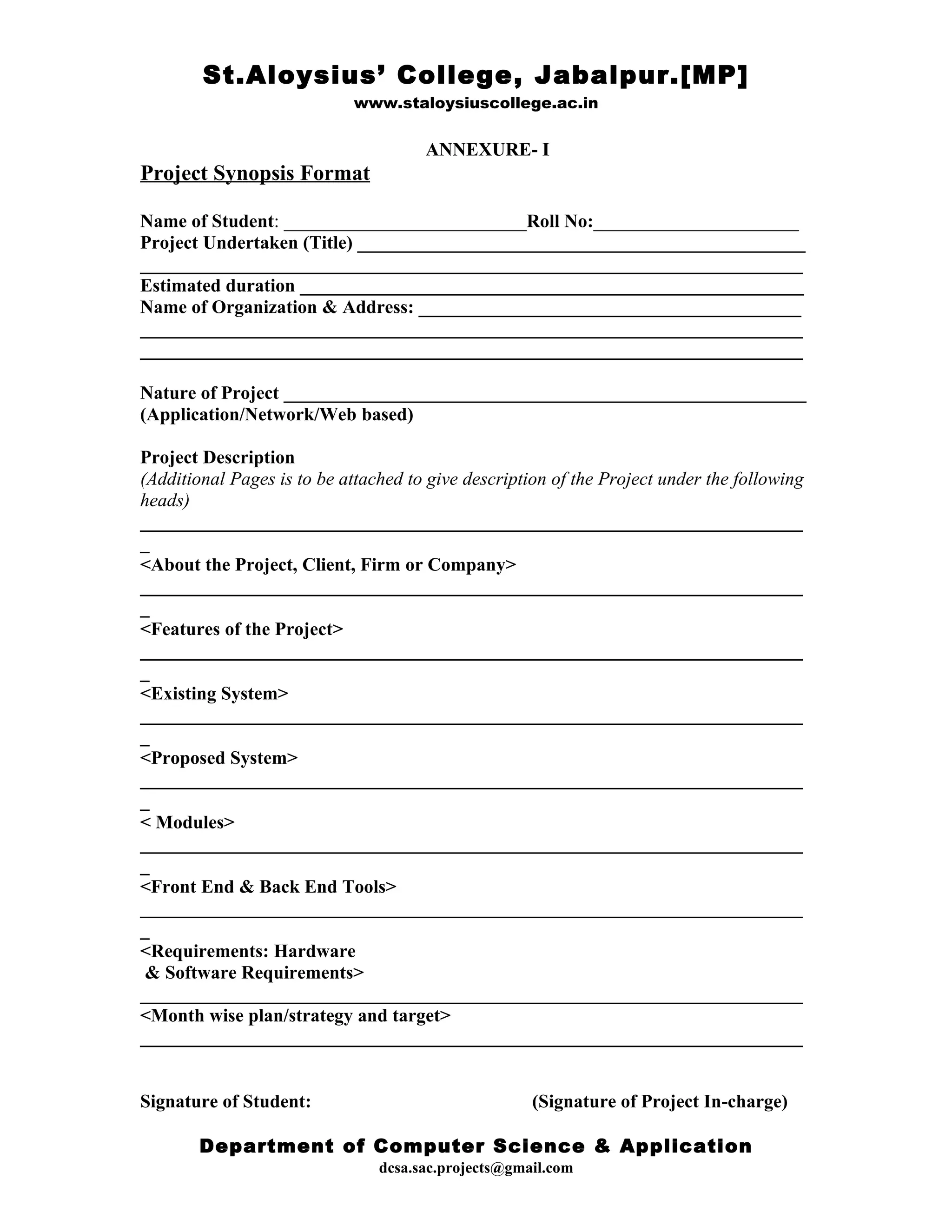 Project specification and synopsis format | DOC | College Education ...