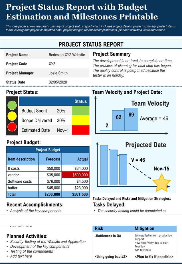 Project Status Report With Budget Estimation And Milestones Printable ...
