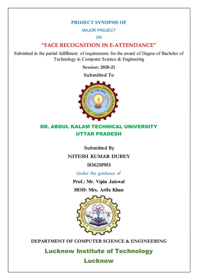 Project synopsis on face recognition in e attendance | DOCX ...