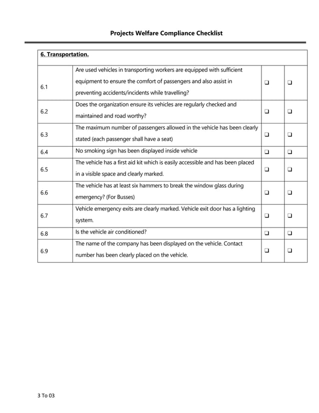 Project Welfare Compliance Checklist 01.docx | First Aid | Injuries