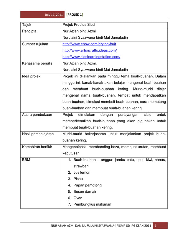 Projek kelas prasekolah | DOCX