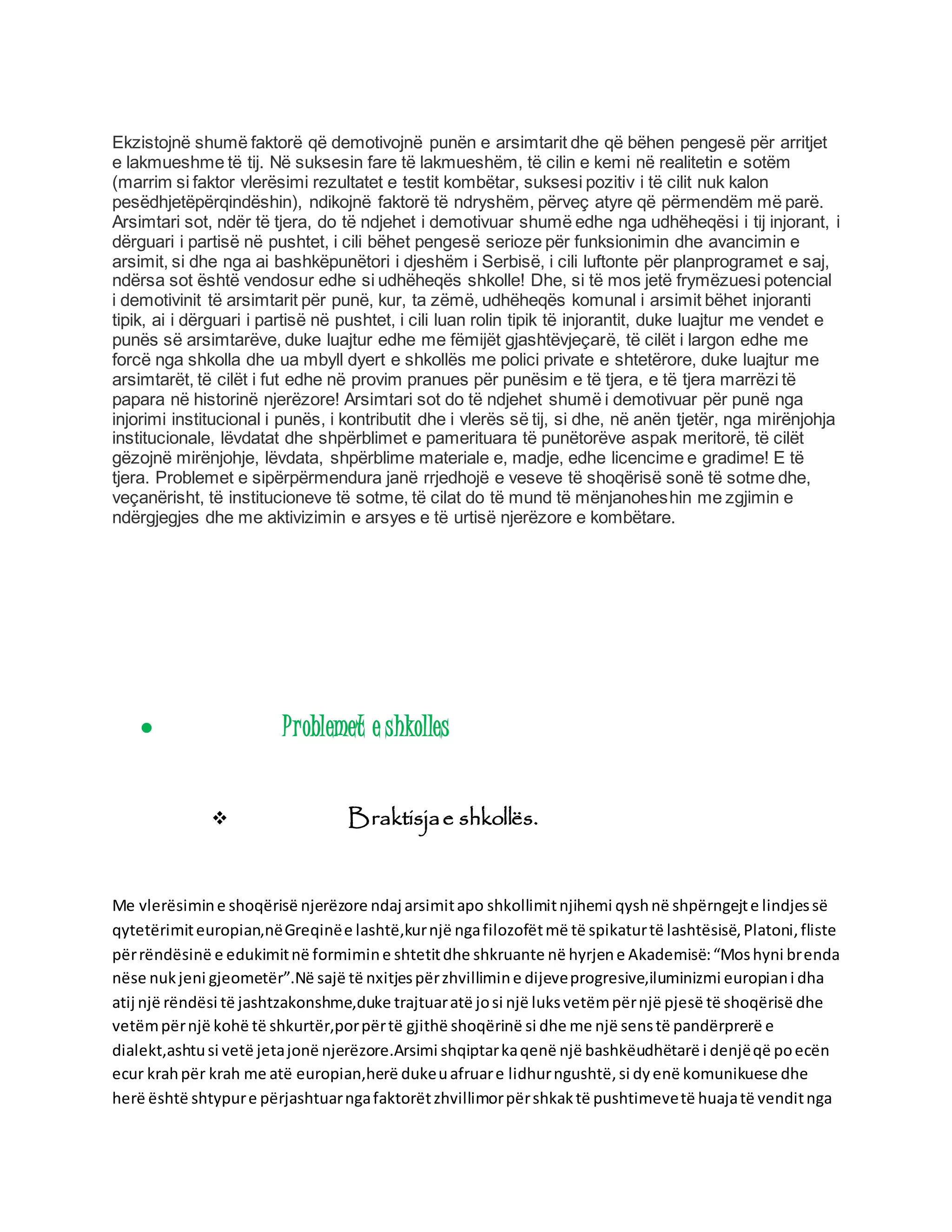 Problemet e arsimit e shkolles sot | DOCX